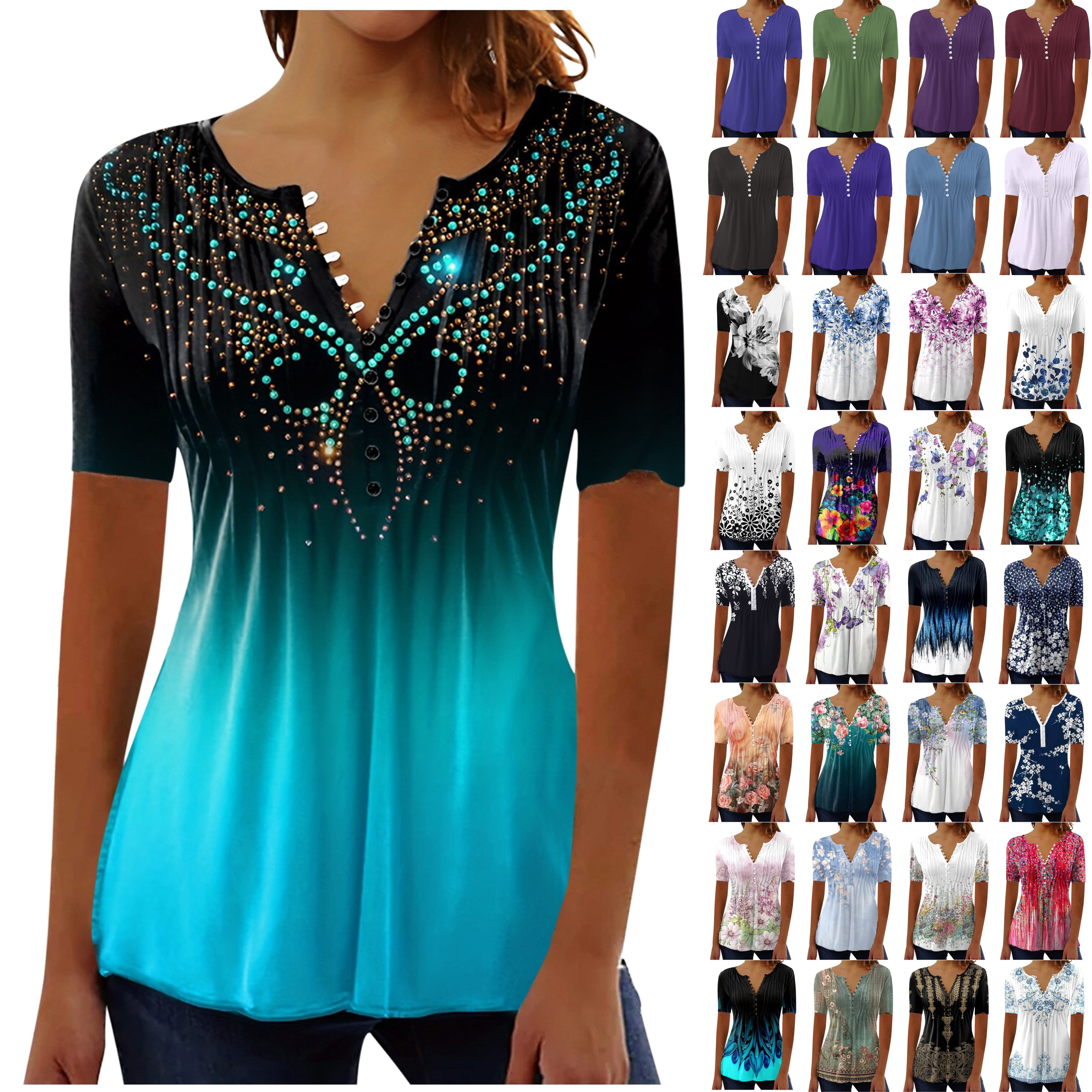 DDAPJ pyju Womens Tops Hide Belly Shirts Summer Pleated Button V Neck T ...