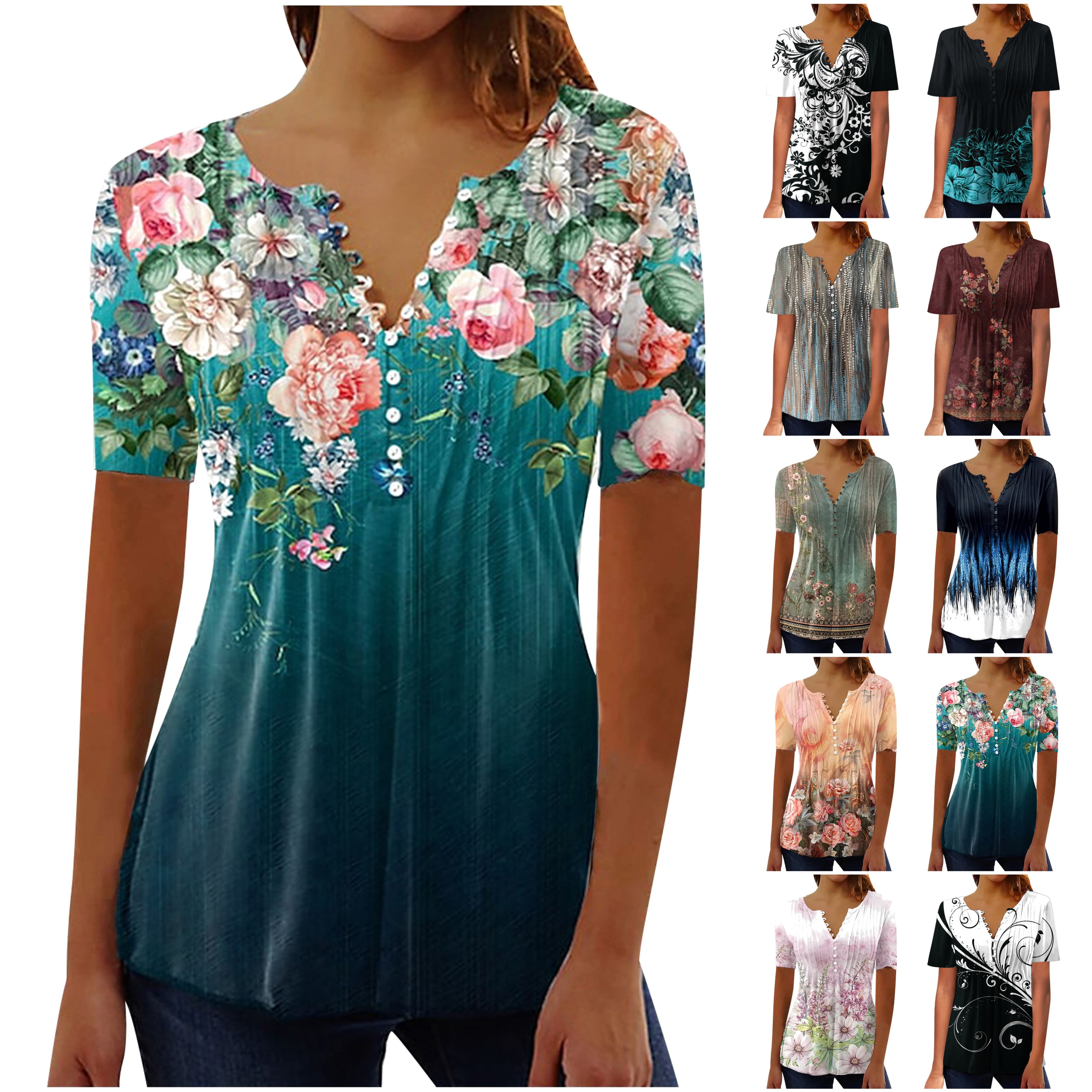DDAPJ pyju Womens Tunic Tops 2025 Summer Dressy Casual Floral Blouses ...
