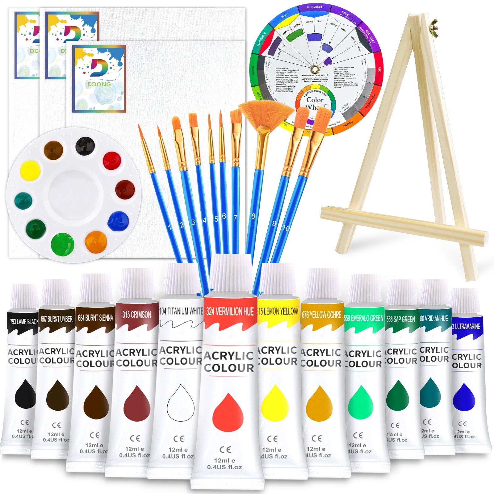 DDONG 12 Colors Acrylic Painting Kit,10 Brushes,3 Canvases,1 Palette,1 ...