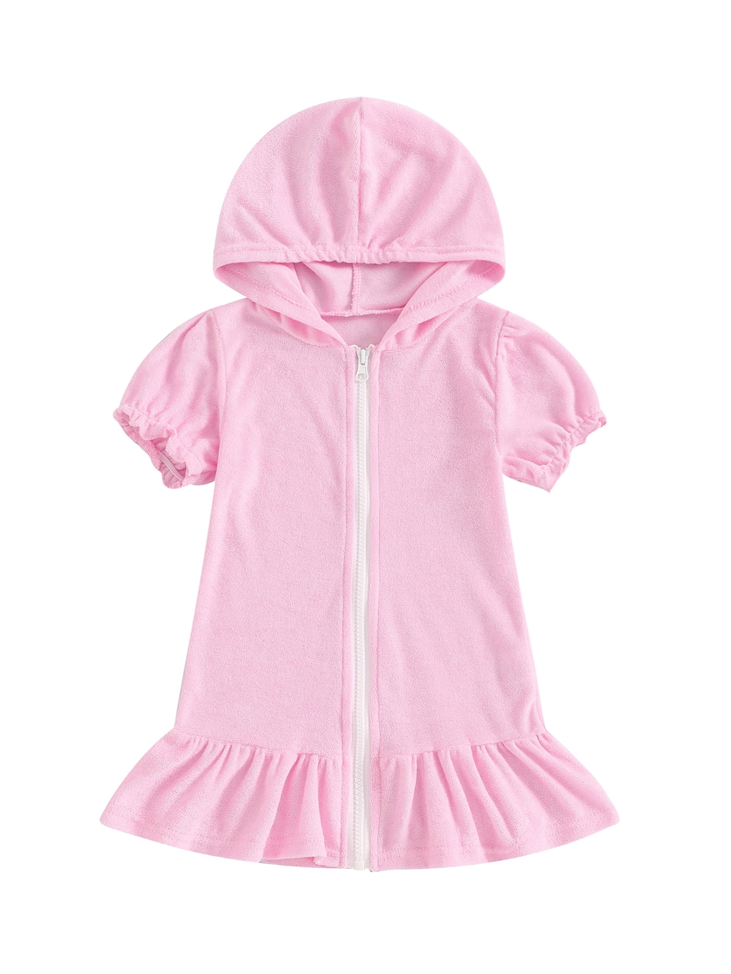DDSBABAY Little Girls' Hooded Swim Cover Up, Pink, Ruffled Short Sleeve ...