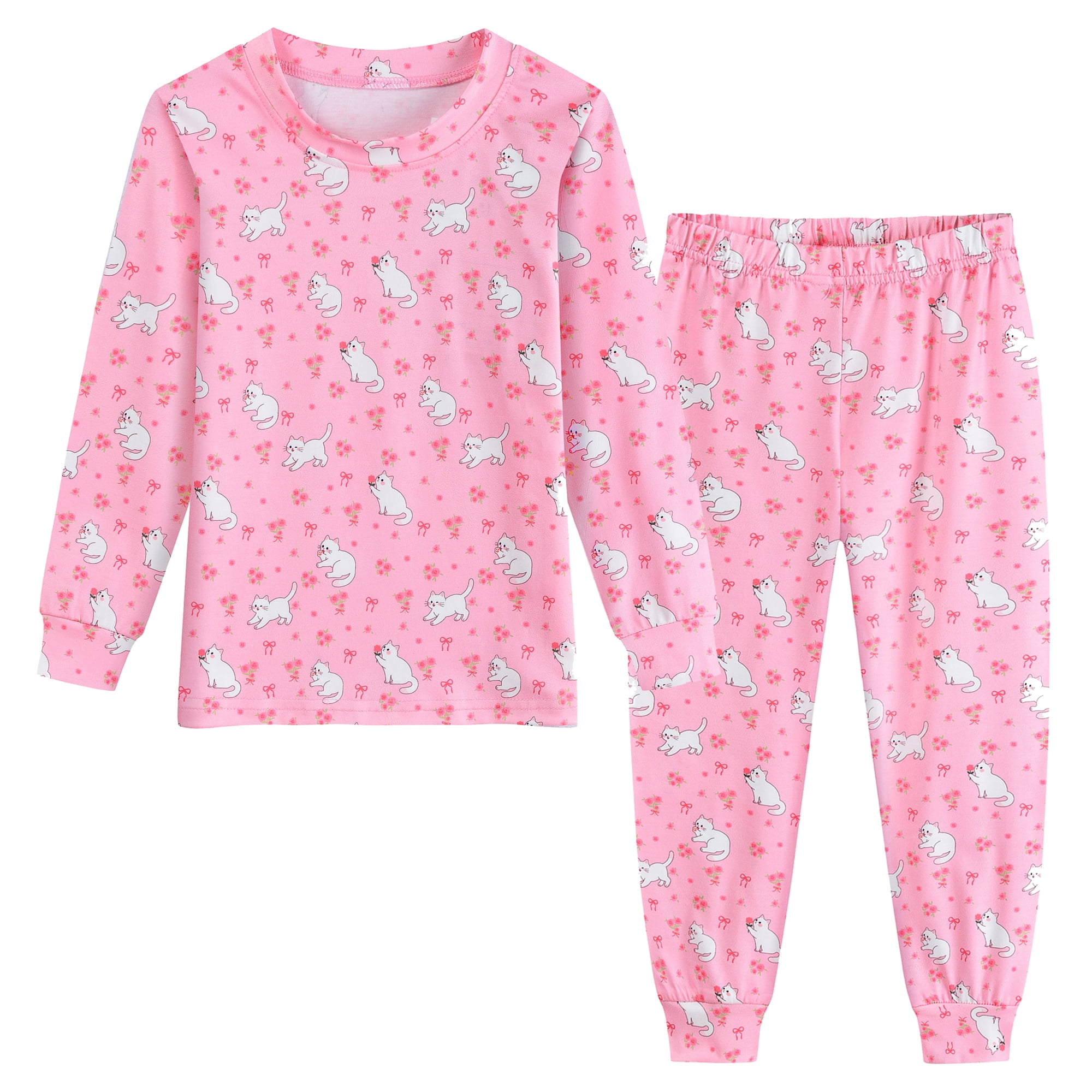 DDSOL Girl Pajamas Long Sleeves Cat Print Cotton Sleepwear 2-Piece Pink Size 6 - Walmart.com