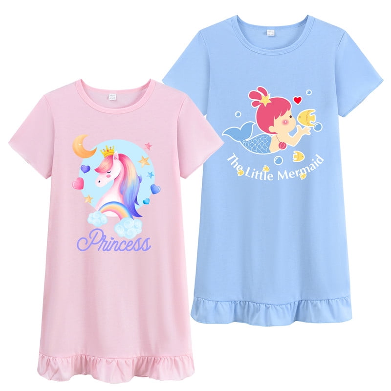 DDSOL Girls Nightgown Short Sleeves Mermaid and Pony Sleep Dress 2-Pack ...