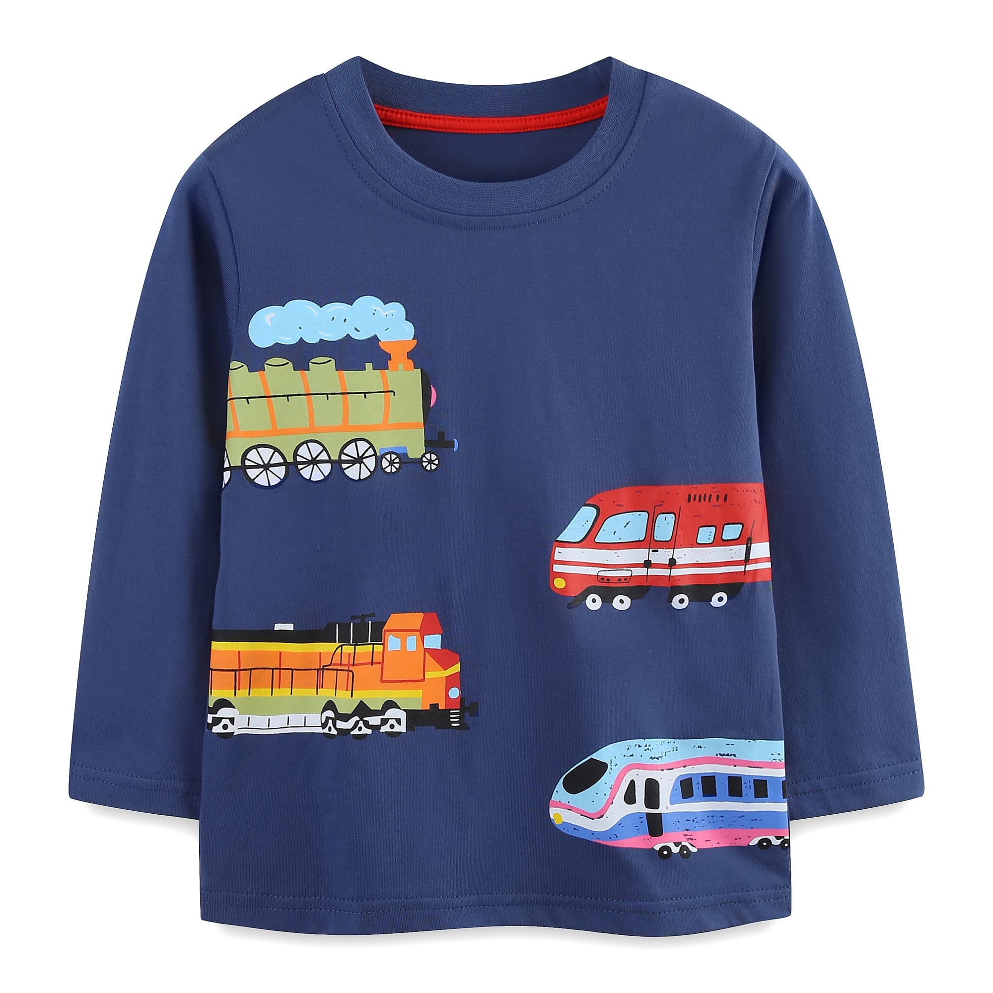 DDSOL Toddler Boys Shirts Long Sleeves Train Graphic Tees Navy Blue 4T ...
