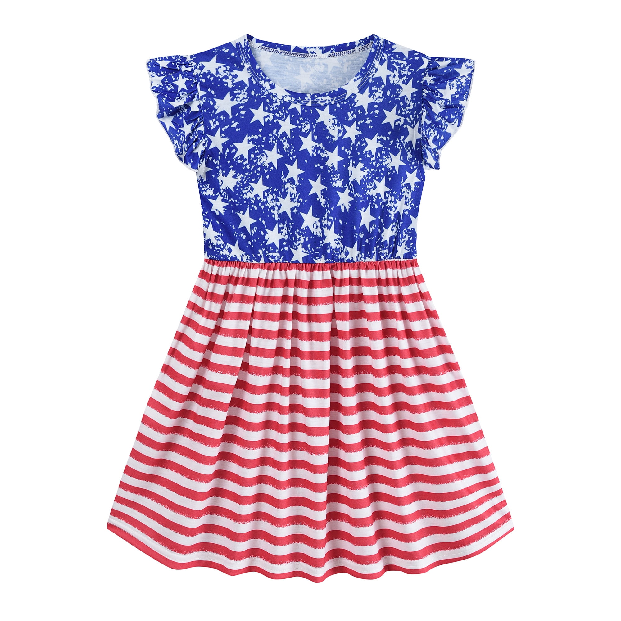DDSOL Girls Patriotic Dresses American Flag Sundresses Ruffle Sleeves One-Piece Blue 6T ...