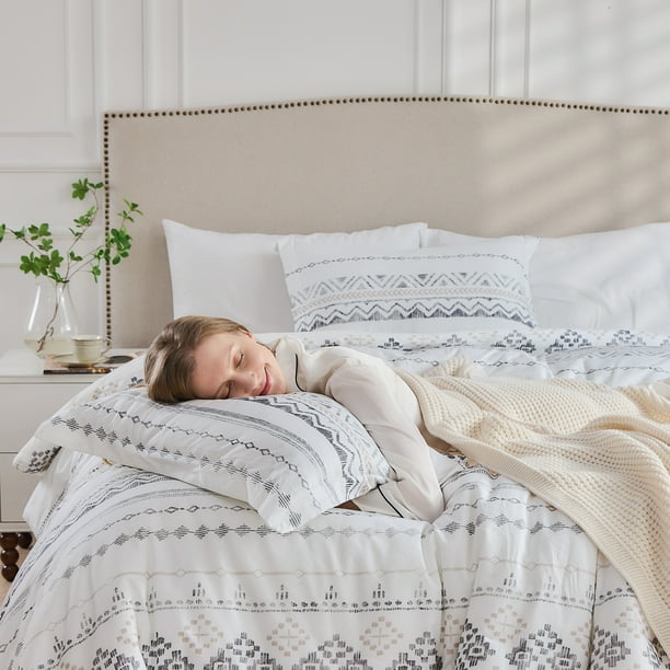 DDUOXIN 100 Cotton Bohemian Comforter Set White Borwn Charcoal Gray Geometric Striped Boho Queen Size Comforter Bedding Set Winter Warm Lightweight 3 Piece Full Queen Comforter 90 x90 Walmart Business...