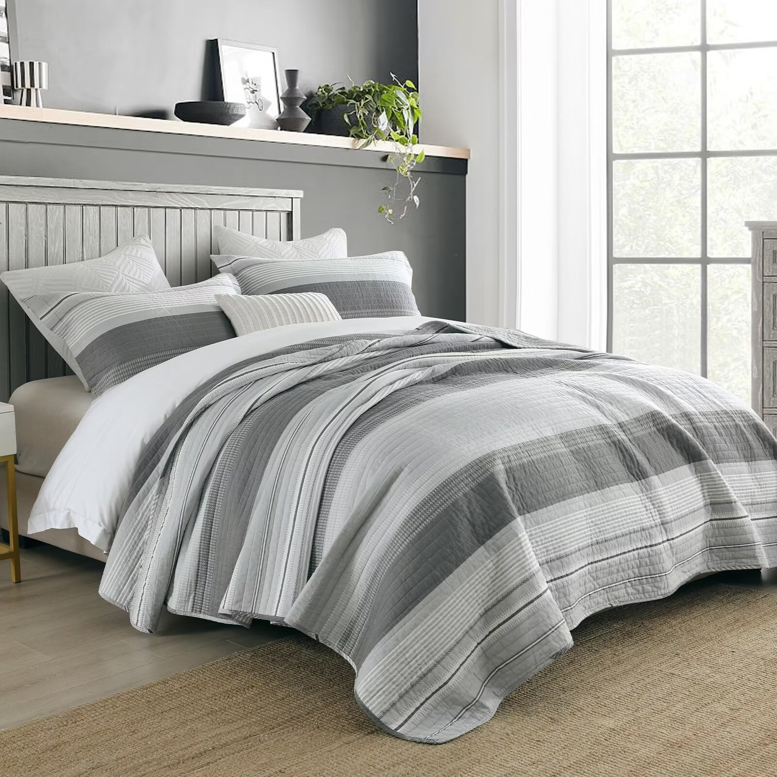 DDUOXIN 100% Cotton King Quilt Set, Gray/Dark Grey, Lightweight, 3 ...