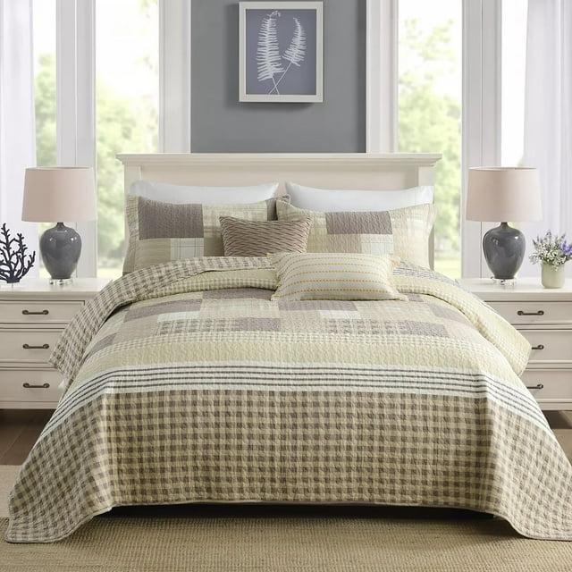 DDUOXIN 100% Cotton King Size Quilt Set - Khaki Brown Beige Farmhouse ...