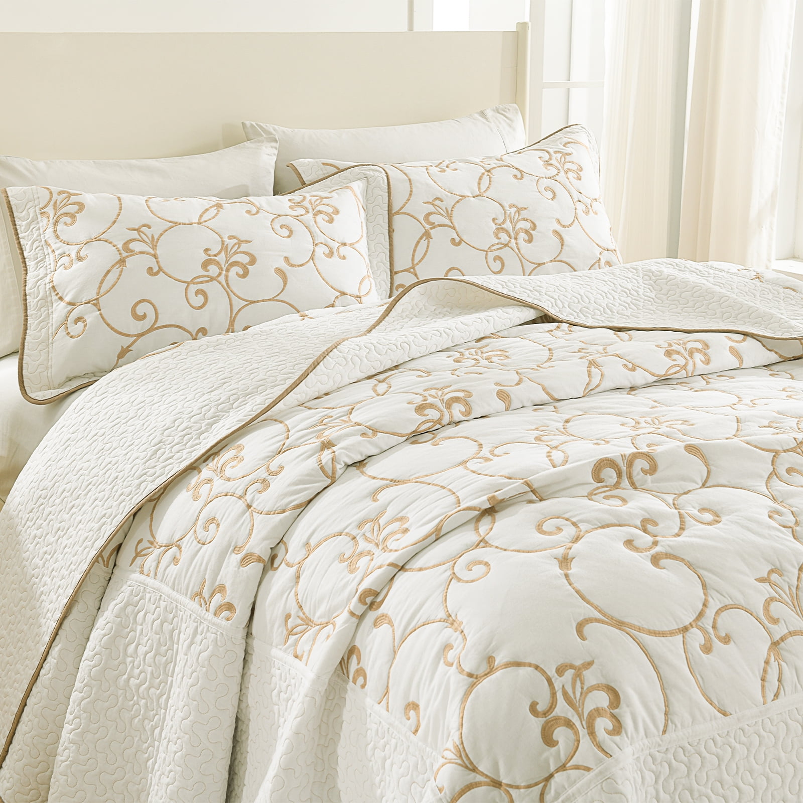DDUOXIN 100% Cotton Queen Size Bedspread - 102x120 Gold Beige/White ...
