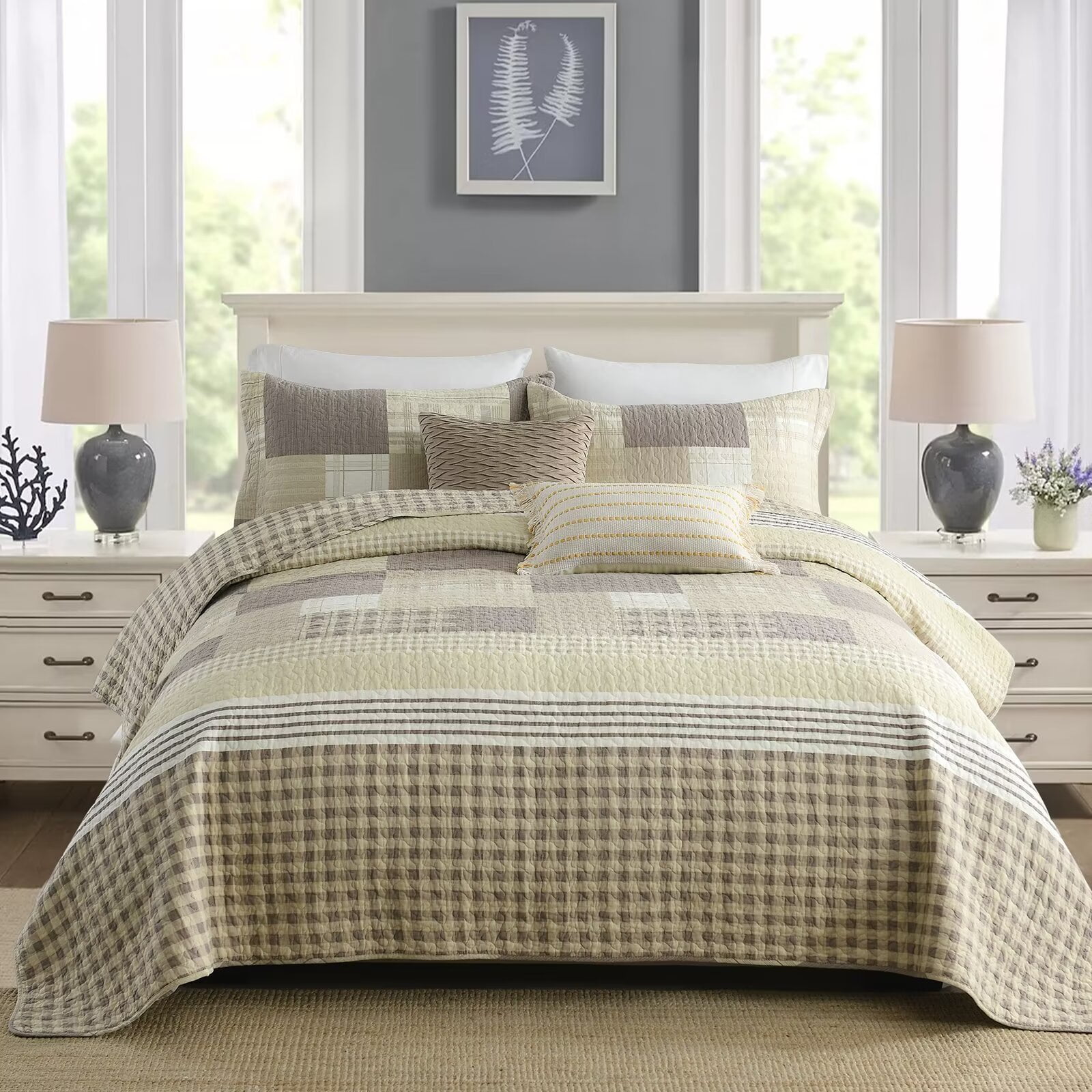 DDUOXIN 100% Cotton Queen Size Quilt Set - Khaki Brown Beige Farmhouse ...