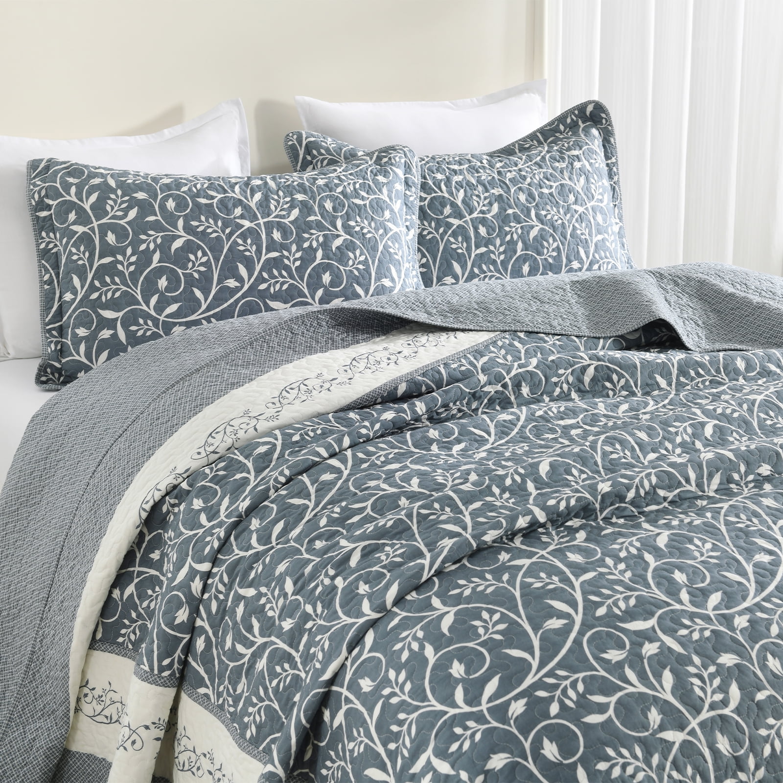 DDUOXIN 128x120 King Bedspread - 100% Organic Cotton Blue White Floral ...