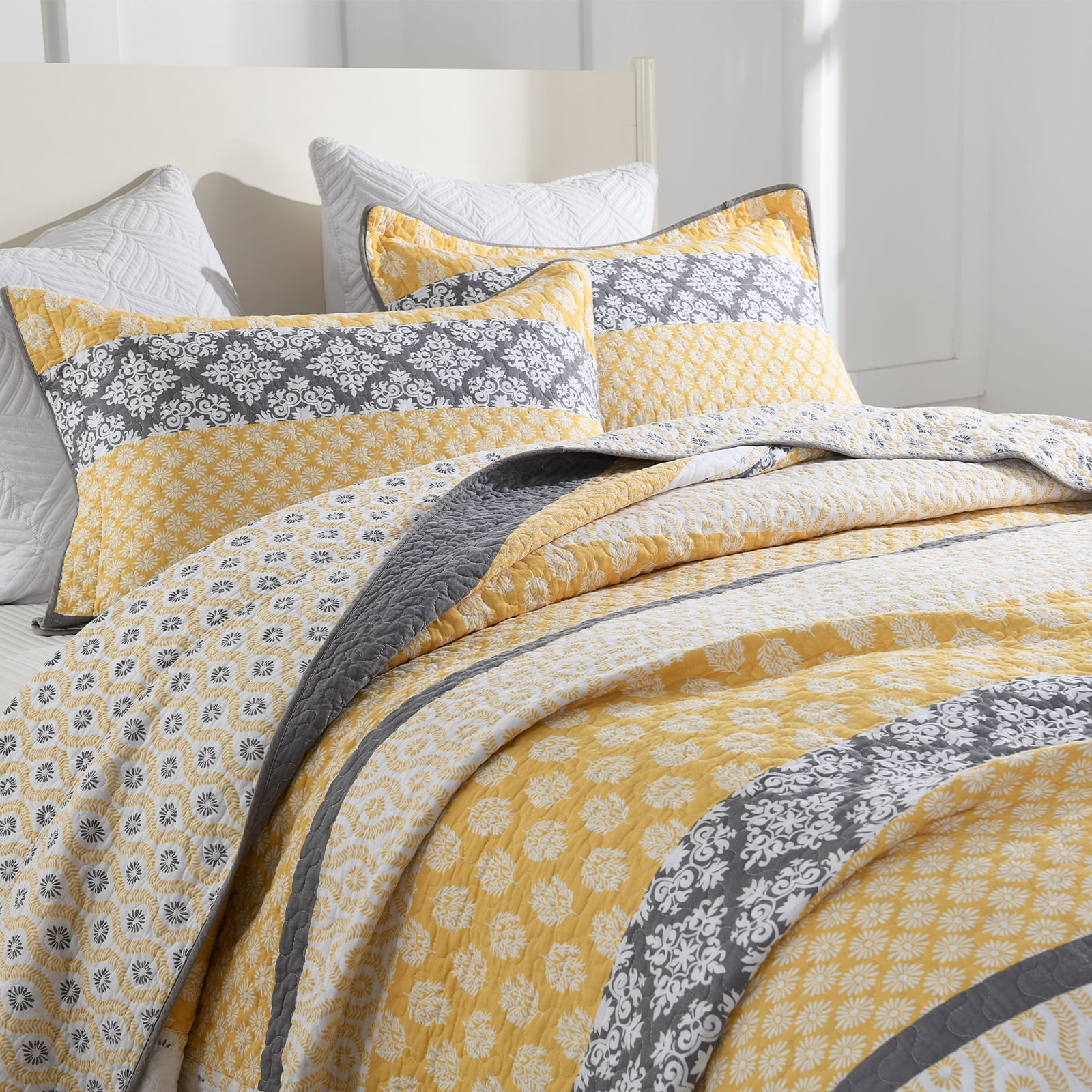 DDUOXIN 100% Organic Cotton Queen Size Bedspread - 102x120 Yellow Gray ...