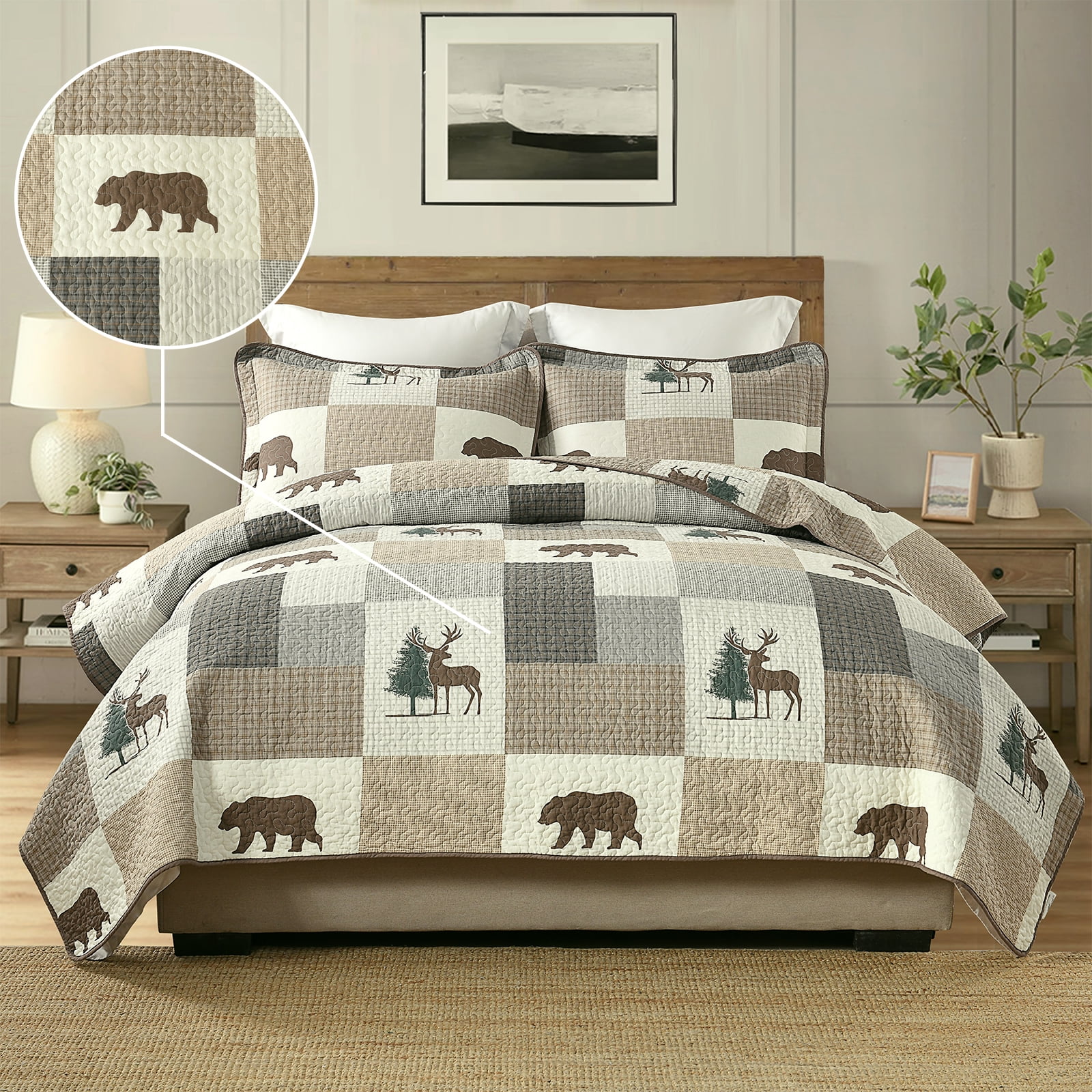 DDUOXIN Farmhouse Queen Quilt for Bed - 100% Cotton Brown Beige Patchwork Plaid Rustic Cabin ...