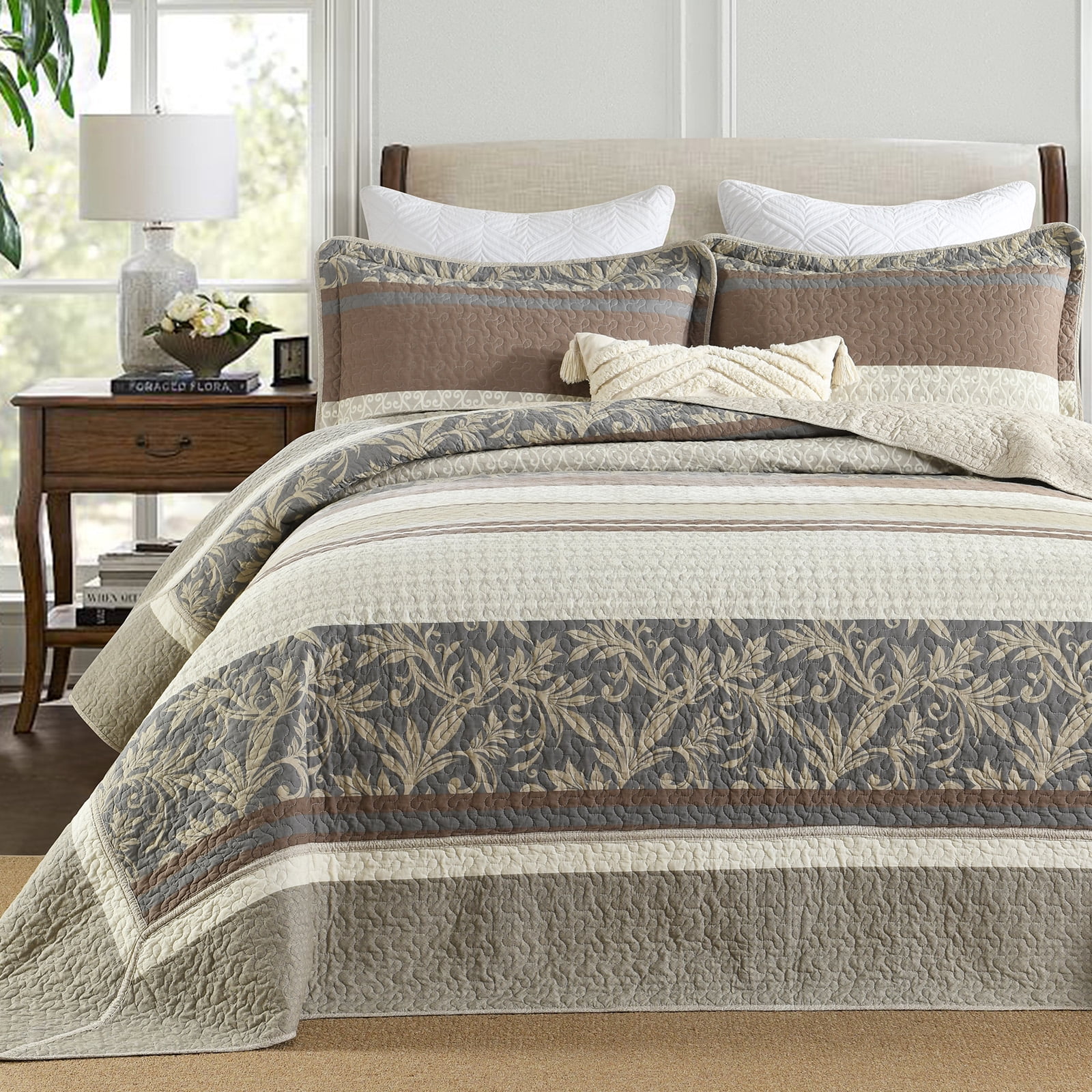 DDUOXIN 100% Organic Cotton King Size Bedspread - 120x120 Beige Gray ...