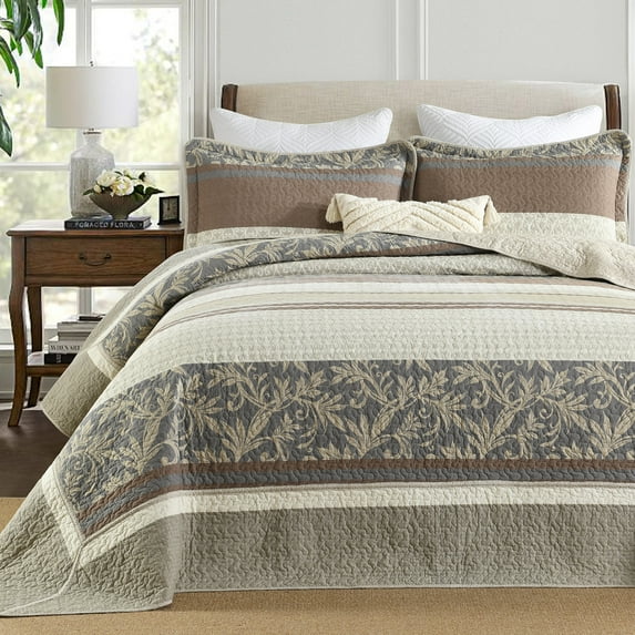 DDUOXIN 100% Organic Cotton King Size Bedspread - 120x120 Beige Gray Brown Striped Floral ...