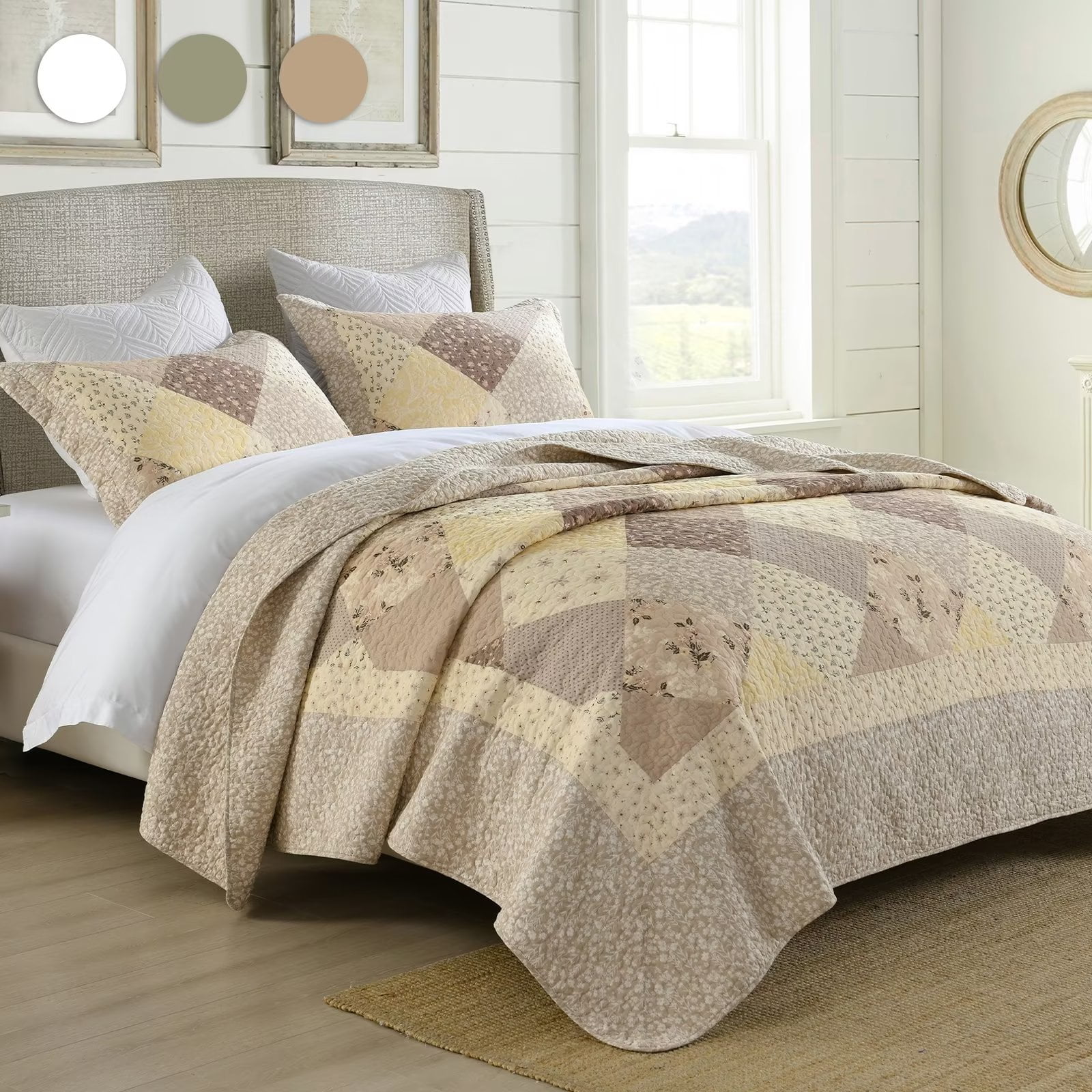 "DDUOXIN 120""x120"" Cal King Quilt Set - 100% Cotton, Brown/Cream ...