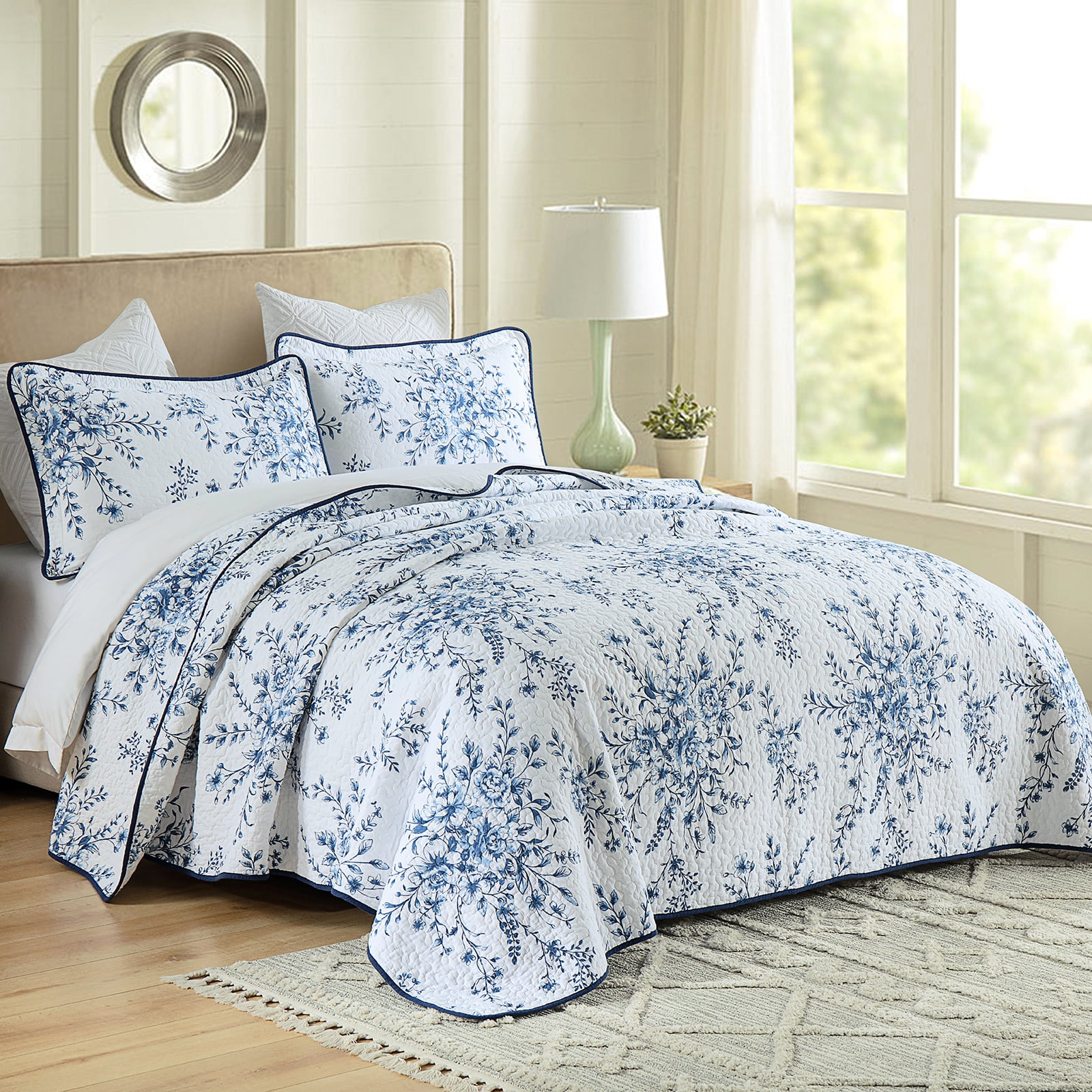 DDUOXIN Blue White Floral Quilt Bedspread, 100% Cotton Queen Size Quilt ...