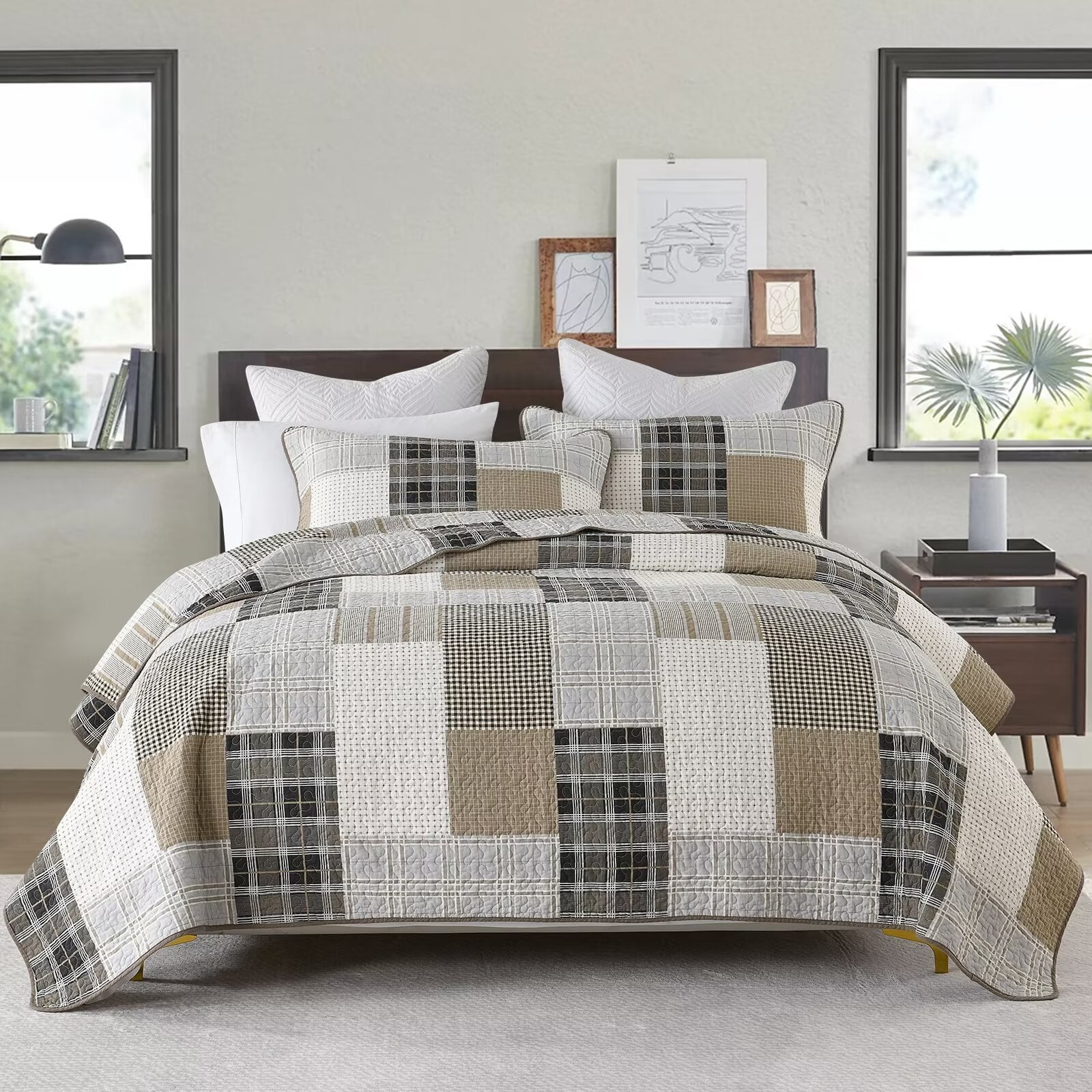 DDUOXIN King Size Quilt Set - 100% Cotton Beige/Brown Patchwork Plaid ...