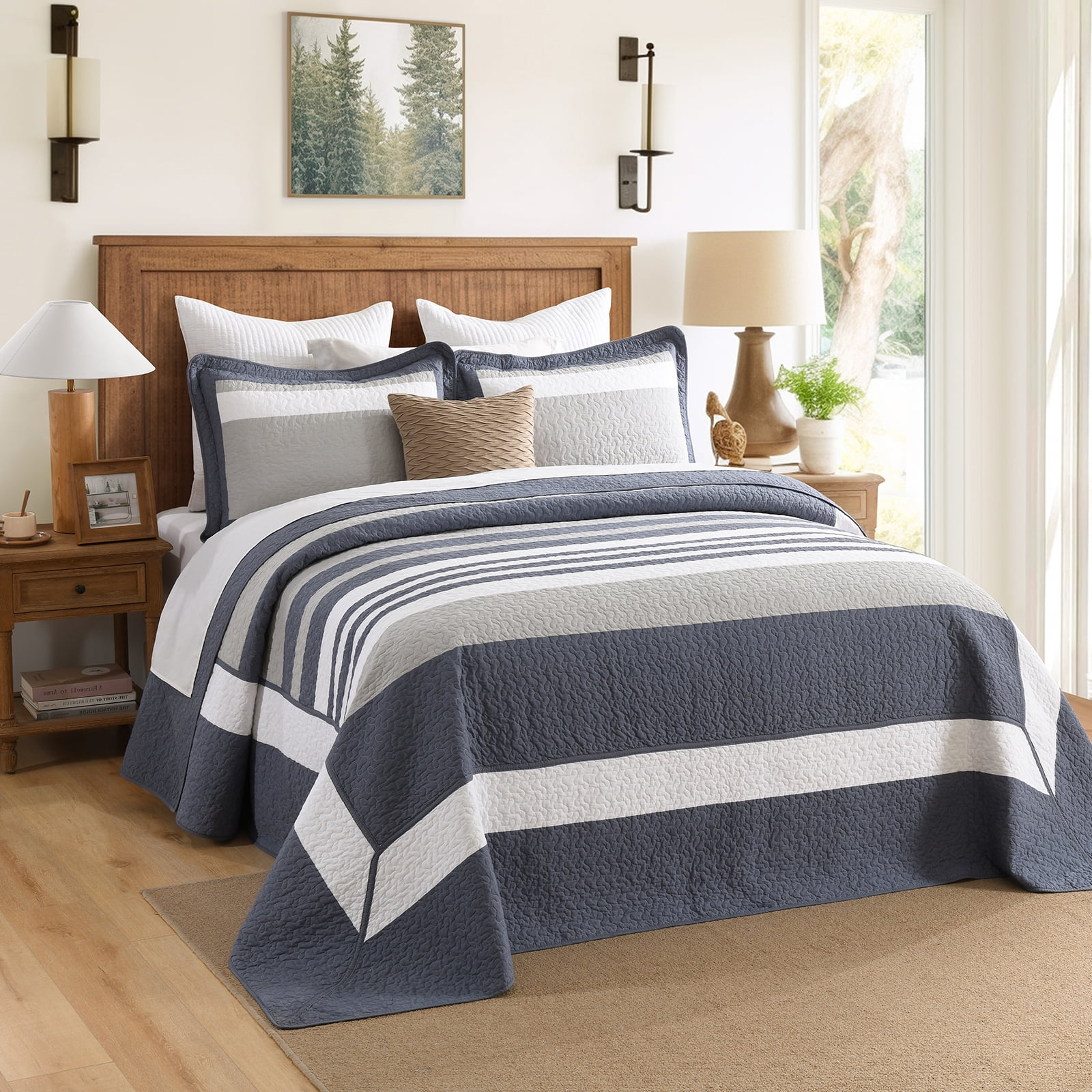 DDUOXIN Oversized King Bedspread 100% Cotton Comforter, Blue Gray White ...