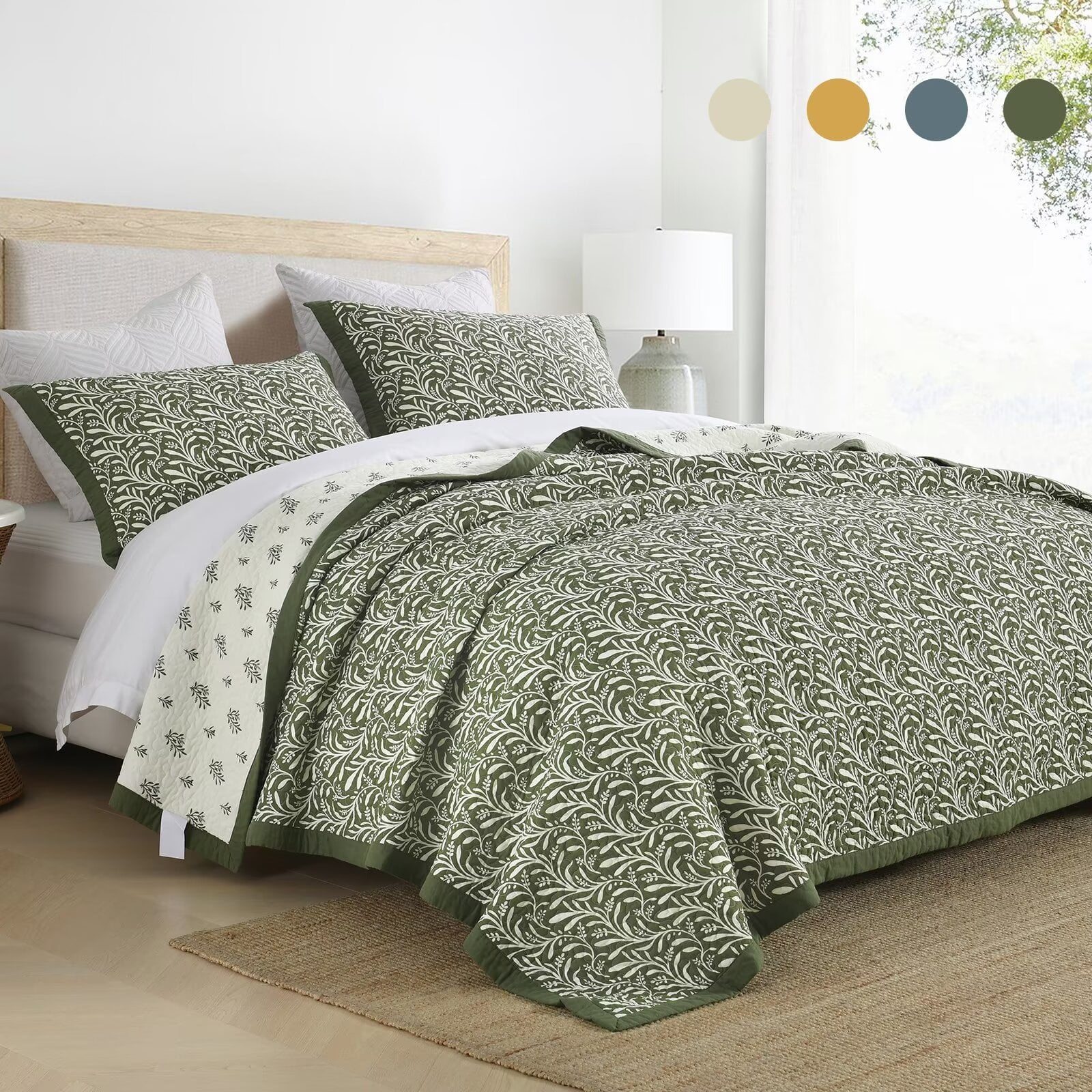 DDUOXIN Queen Size Quilt Bedspread - 100% Cotton Avocado Green & Cream ...