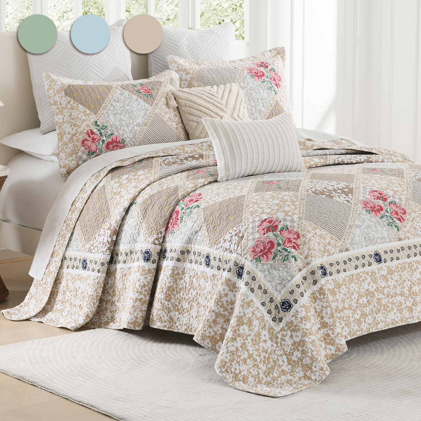 3-Piece Quilt and Bed Set– Sweet Dreams Patchwork Pastel Floral Print ...