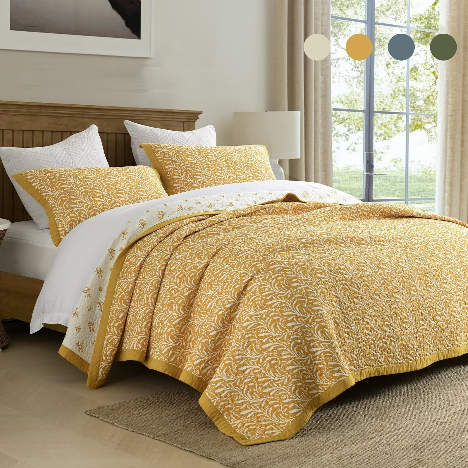DDUOXIN Queen Size Quilt Bedspread - 100% Cotton Yellow & Cream Floal ...