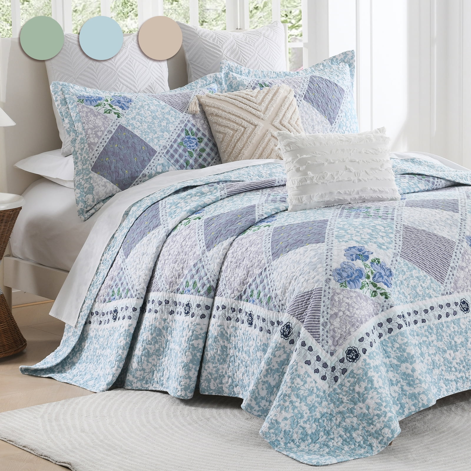 DDUOXIN Queen Size Quilt Set - 100% Cotton Blue Floral Real Patchwork ...