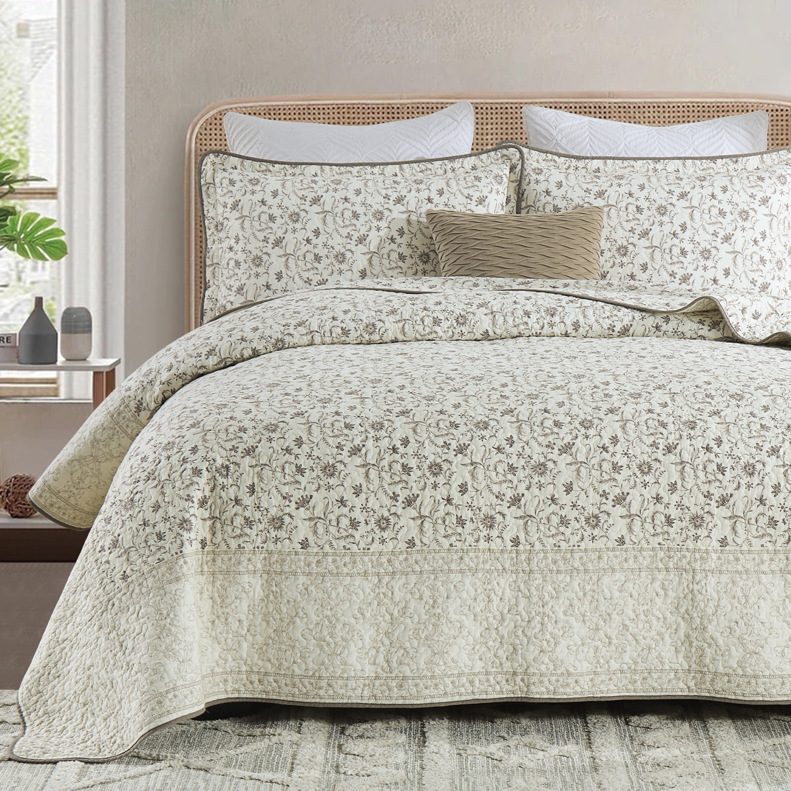 DDUOXIN Floral Beige Queen Size Quilts - 100% Cotton Queen Size ...