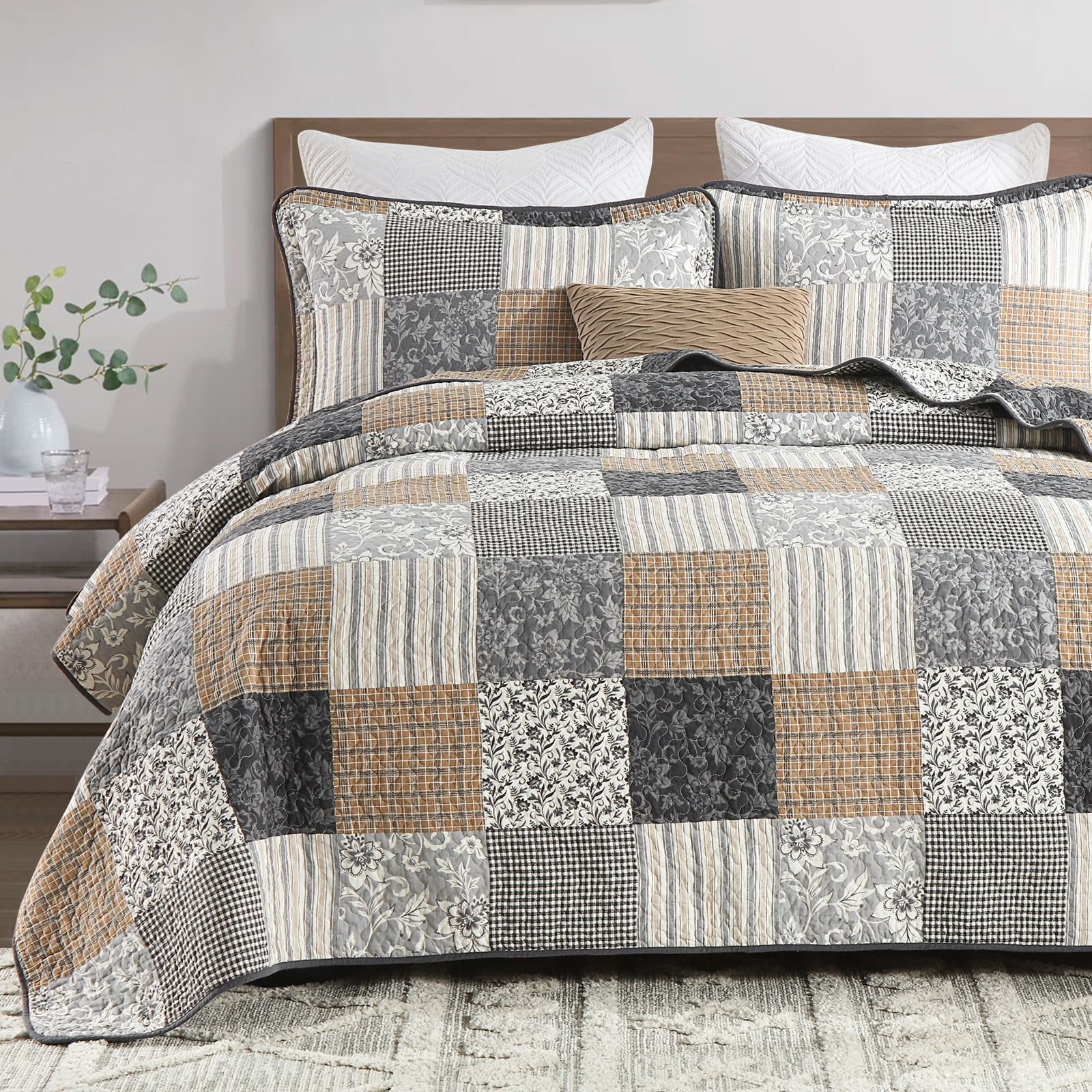 DDUOXIN Brown Queen Size Quilts - 100% Cotton Queen Size Quilt Set, Floral Brown Gray Patchwork ...