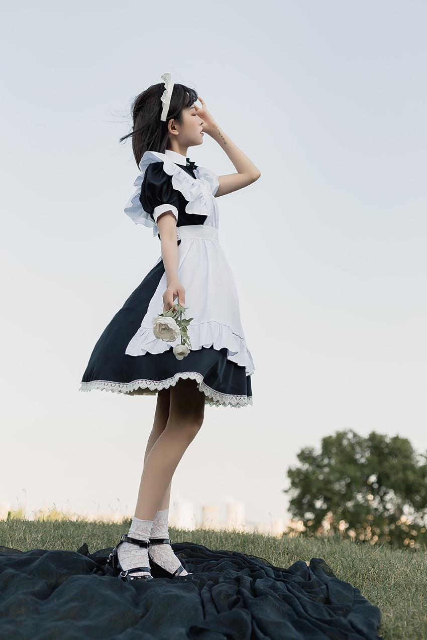 Ddwd Maid Dress Cosplay Restaurant Cafe Overalls Dress Black And White