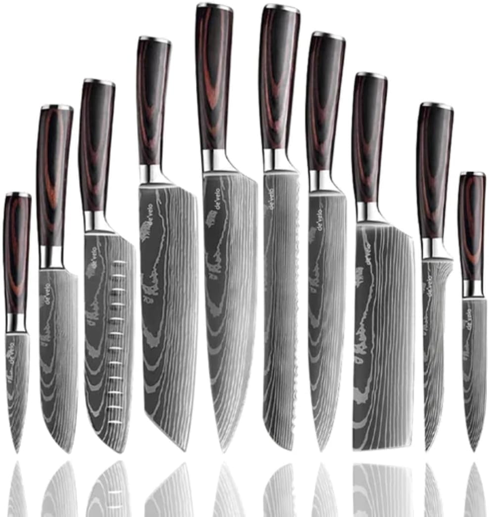 DE'VELO 10-piece Premium Japanese Kitchen Knife Set with Laser Damascus ...