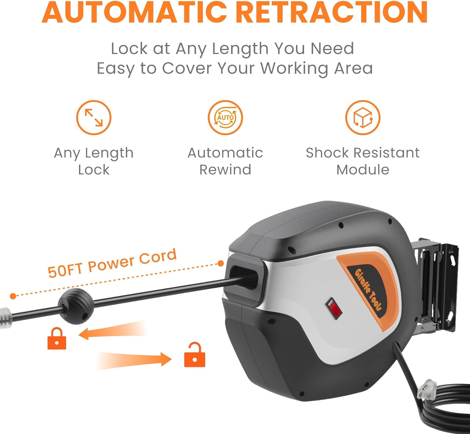 DE14 Retractable Extension Cord Reel 50 ft 14/3AWG Black Orange - Walmart.com