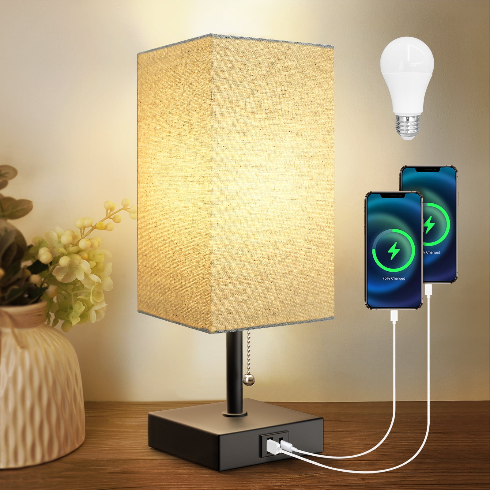 ZITREND Bedside Lamp with Pull Chain, Dual USB Ports, 2700K LED Bulb ...