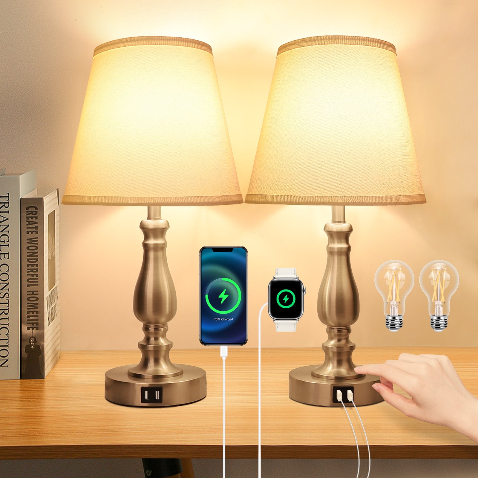 Touch Control Bedside Lamps with USB, Dimmable, Phone Charger, Set of 2 ...