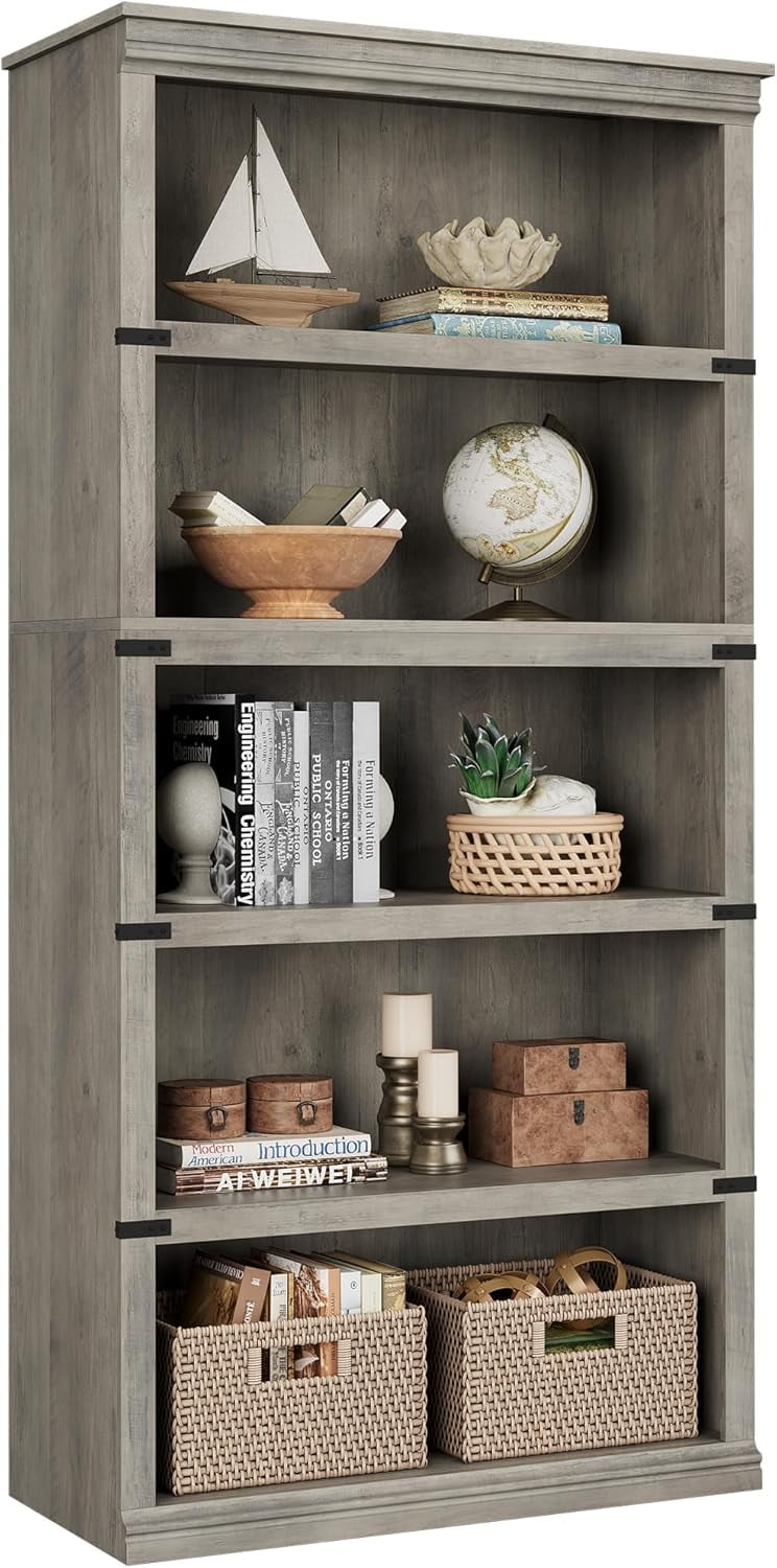 DEALHOUSE, Grey, 5 Shelf, Bookcase, Colonial Farmhouse Bookshelf ...