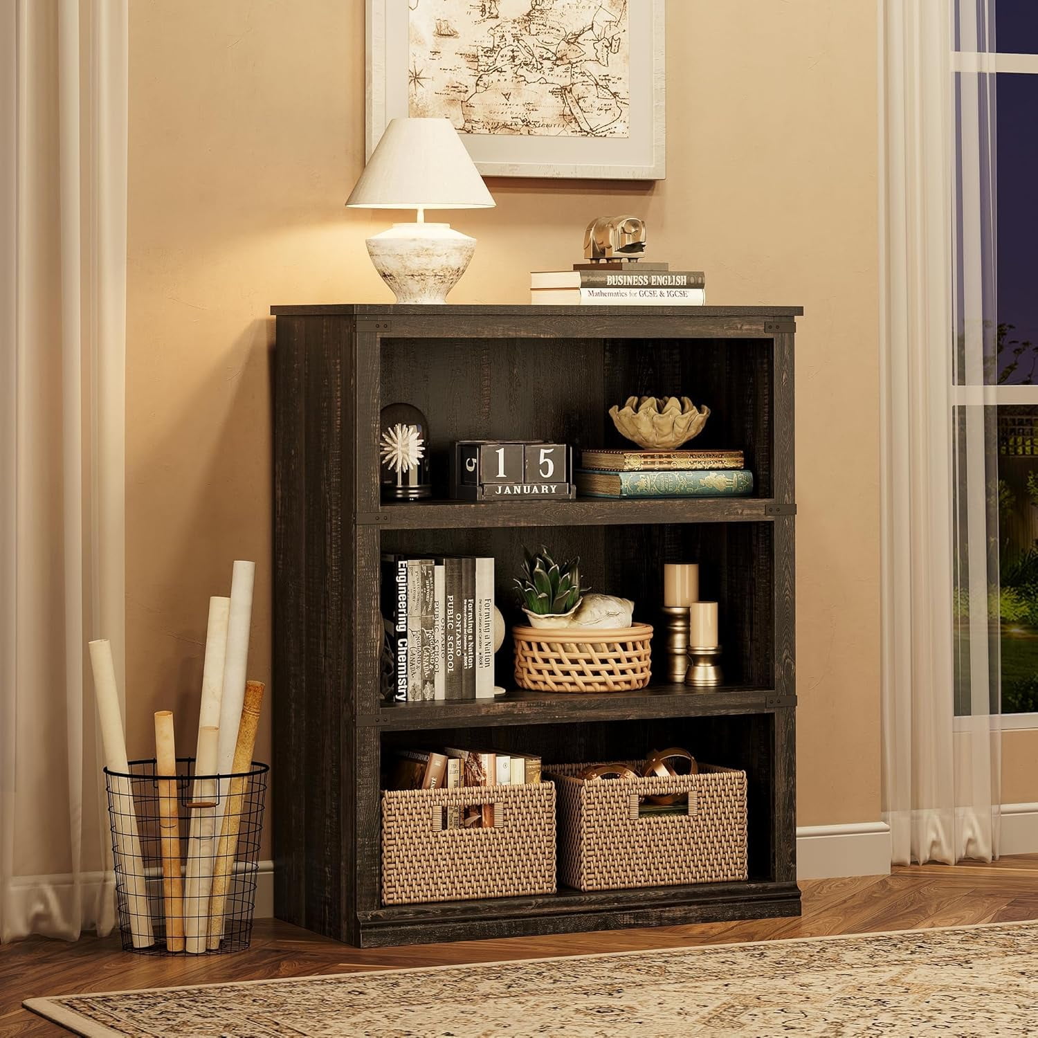 DEALHOUSE, Oak, 3 Shelf, Bookcase, Colonial Farmhouse Bookshelf, Rustic ...