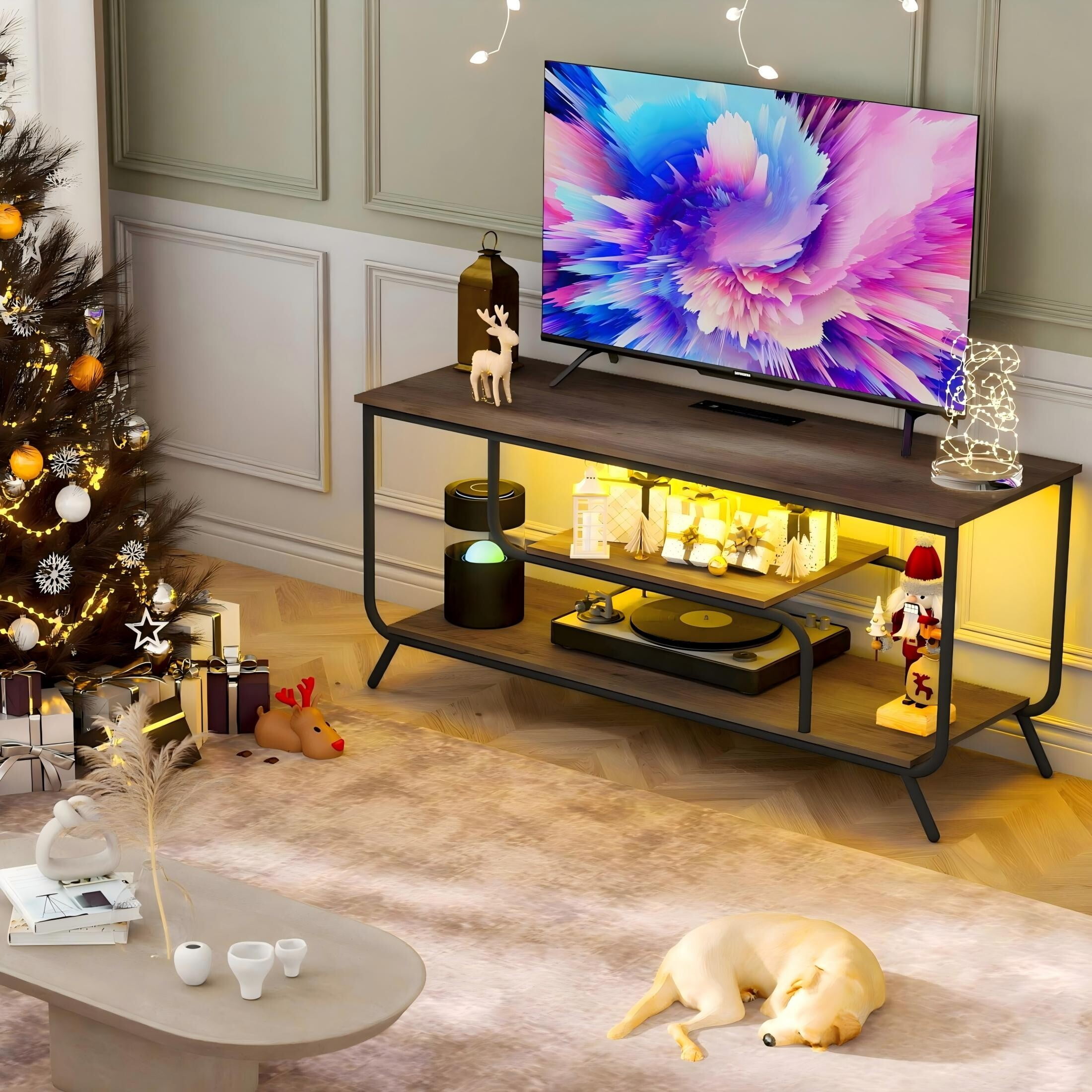 DEALTOPS 16-Color LED Lights TV Stand with Charging Stations and Shelf ...