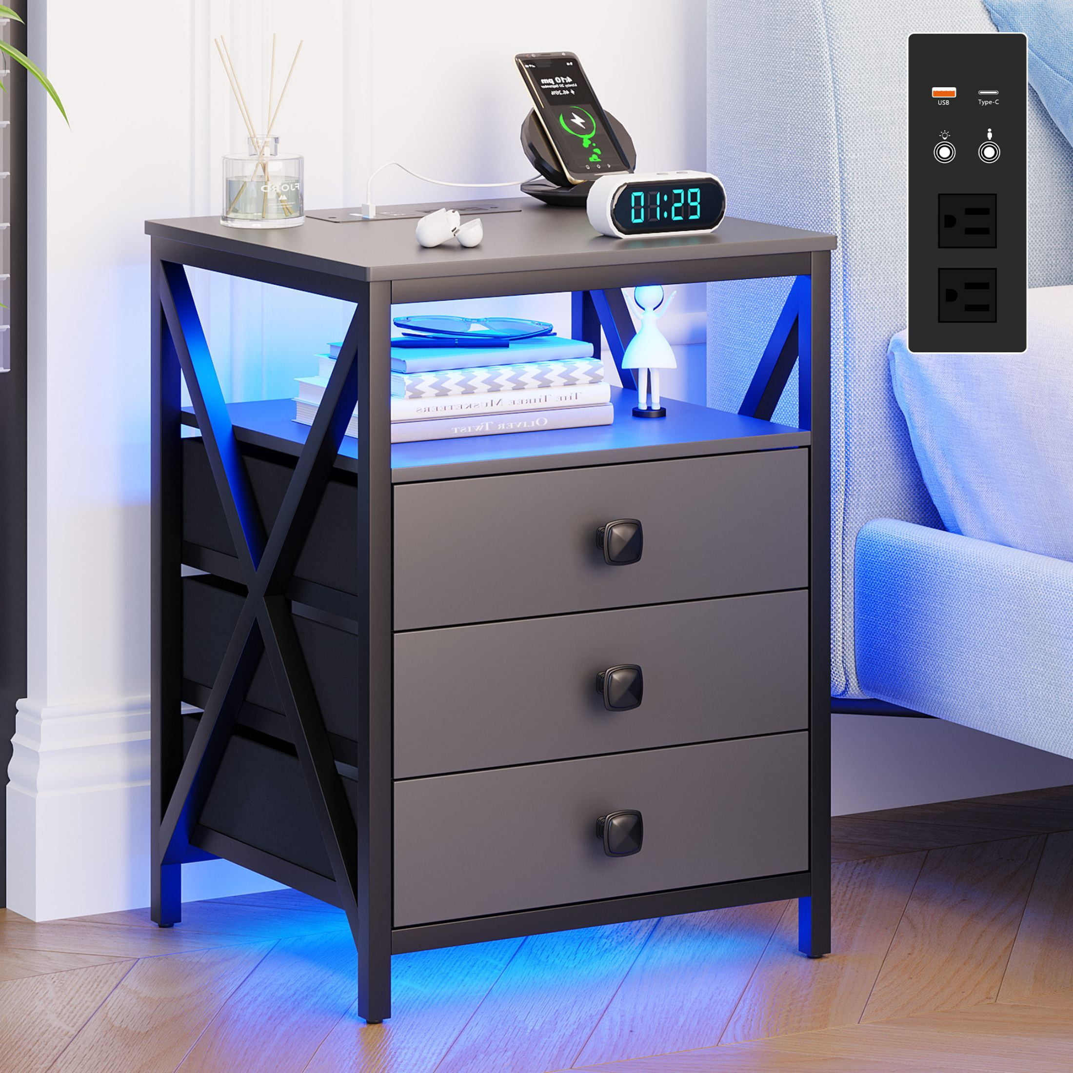 DEALTOPS 3-Color LED Nightstand Smart End Table with Charging Station ...