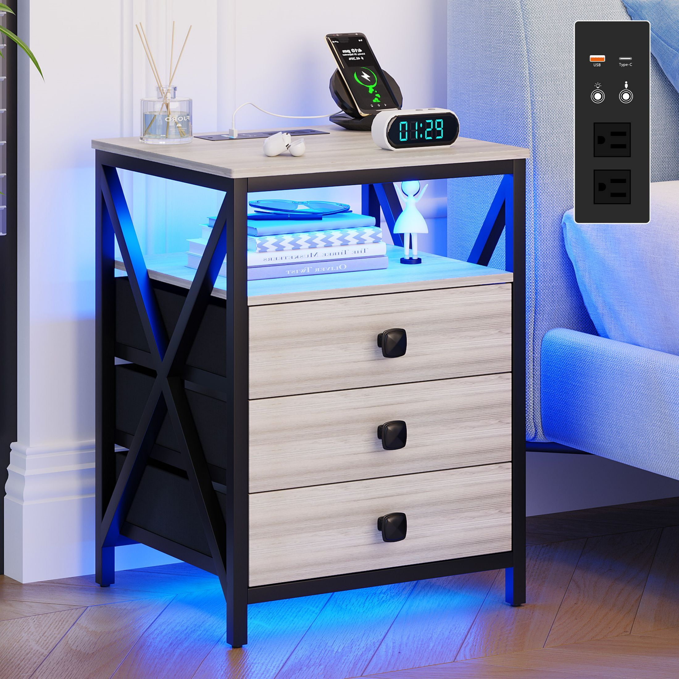 DEALTOPS 3-Color LED Nightstand Smart End Table with Charging Station ...