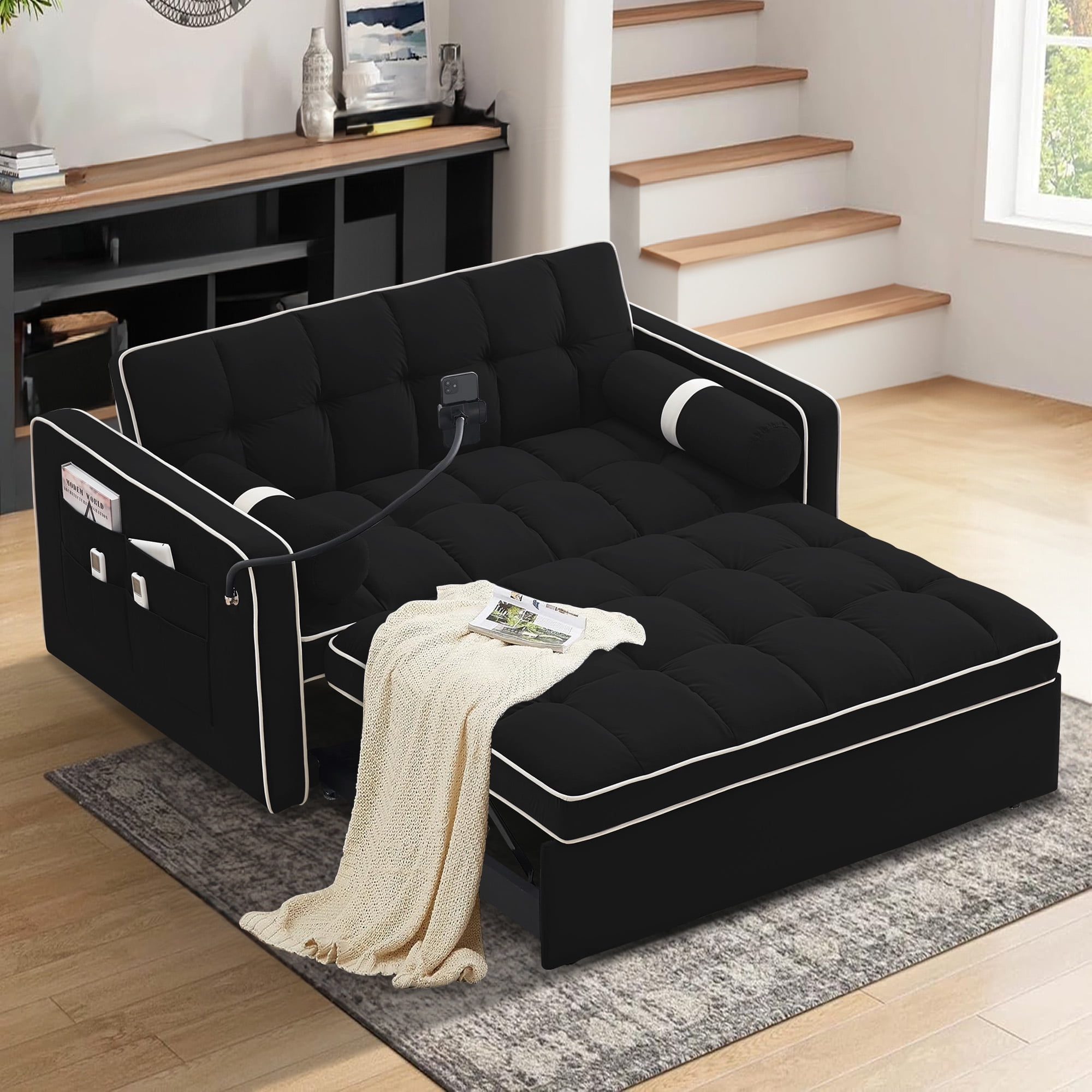DEALTOPS 3 in 1 Sofa Bed, 55" Loveseat Sleeper with Two Pillows & Phone ...