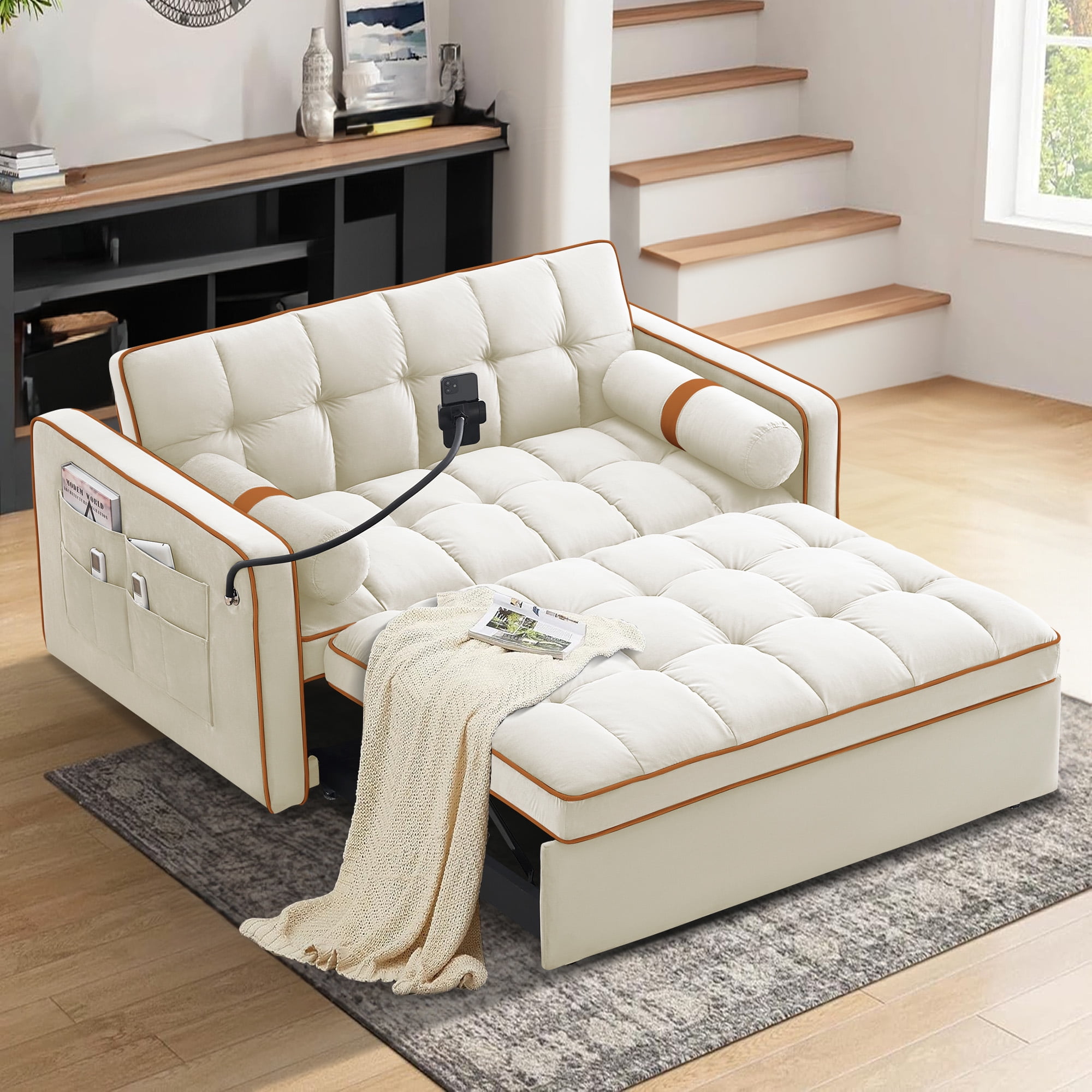 DEALTOPS 3 in 1 Sofa Bed, 55" Loveseat Sleeper with Two Pillows & Phone ...