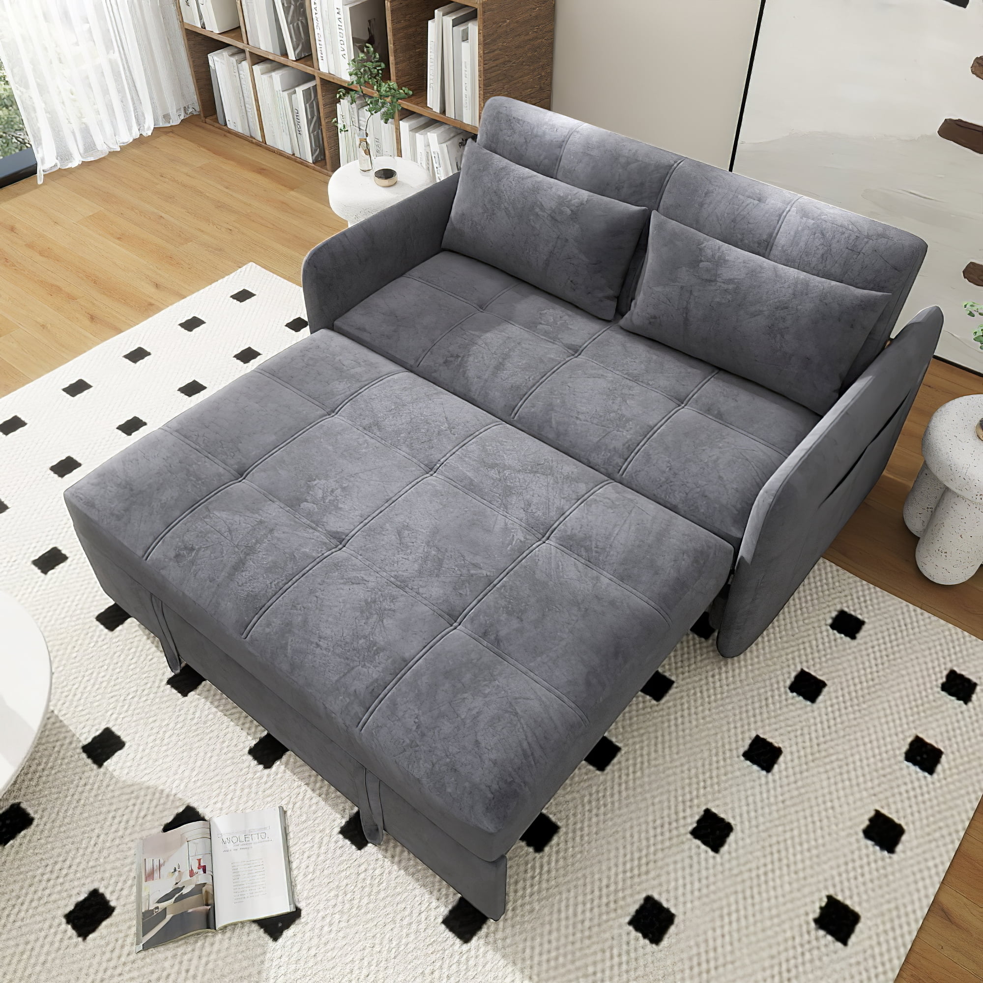 DEALTOPS 55'' Velvet Sleeper Sofa Bed,Pull-Out Loveseat with USB Ports ...
