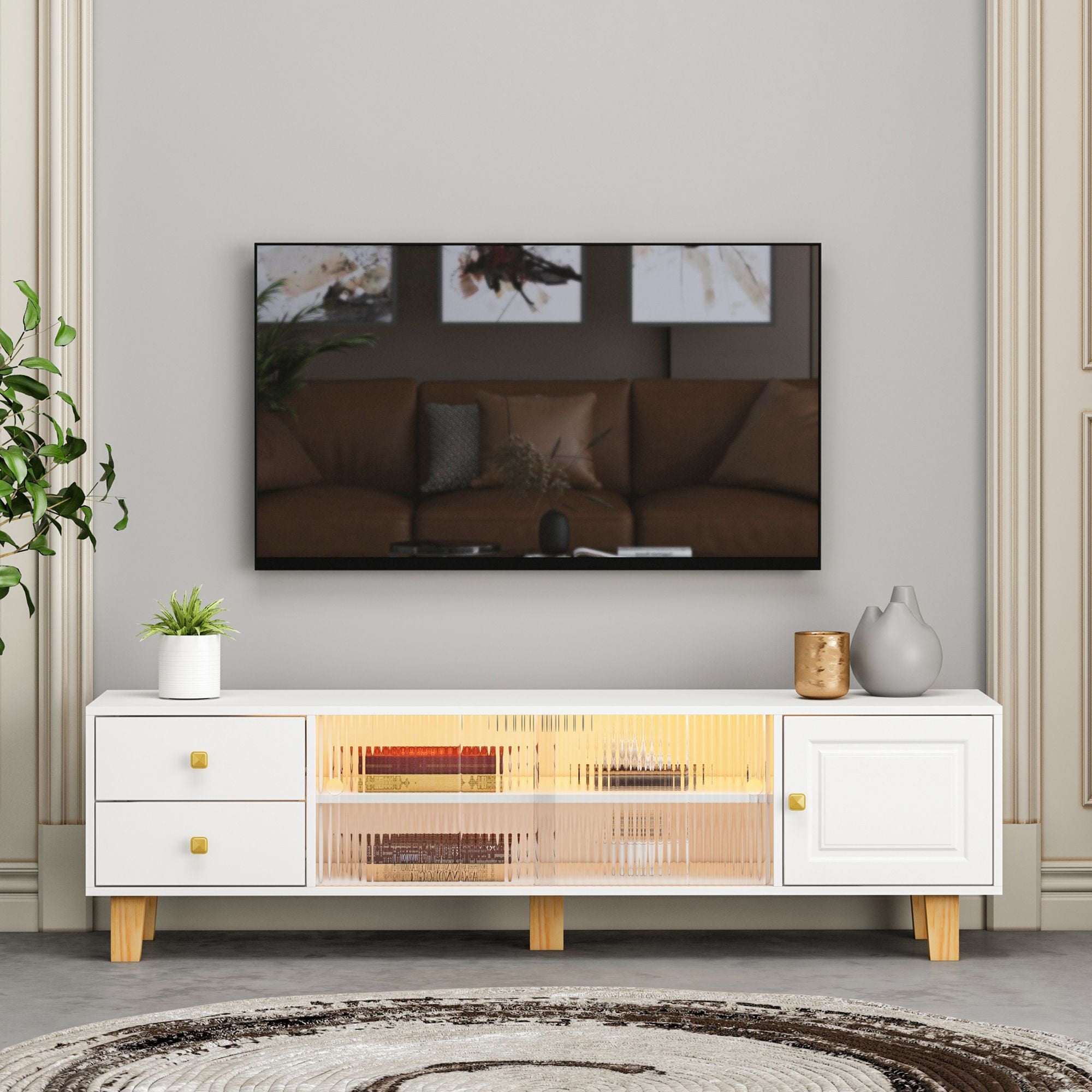DEALTOPS Antique TV Stand with 16-Color LED Lights, Sliding Doors and ...