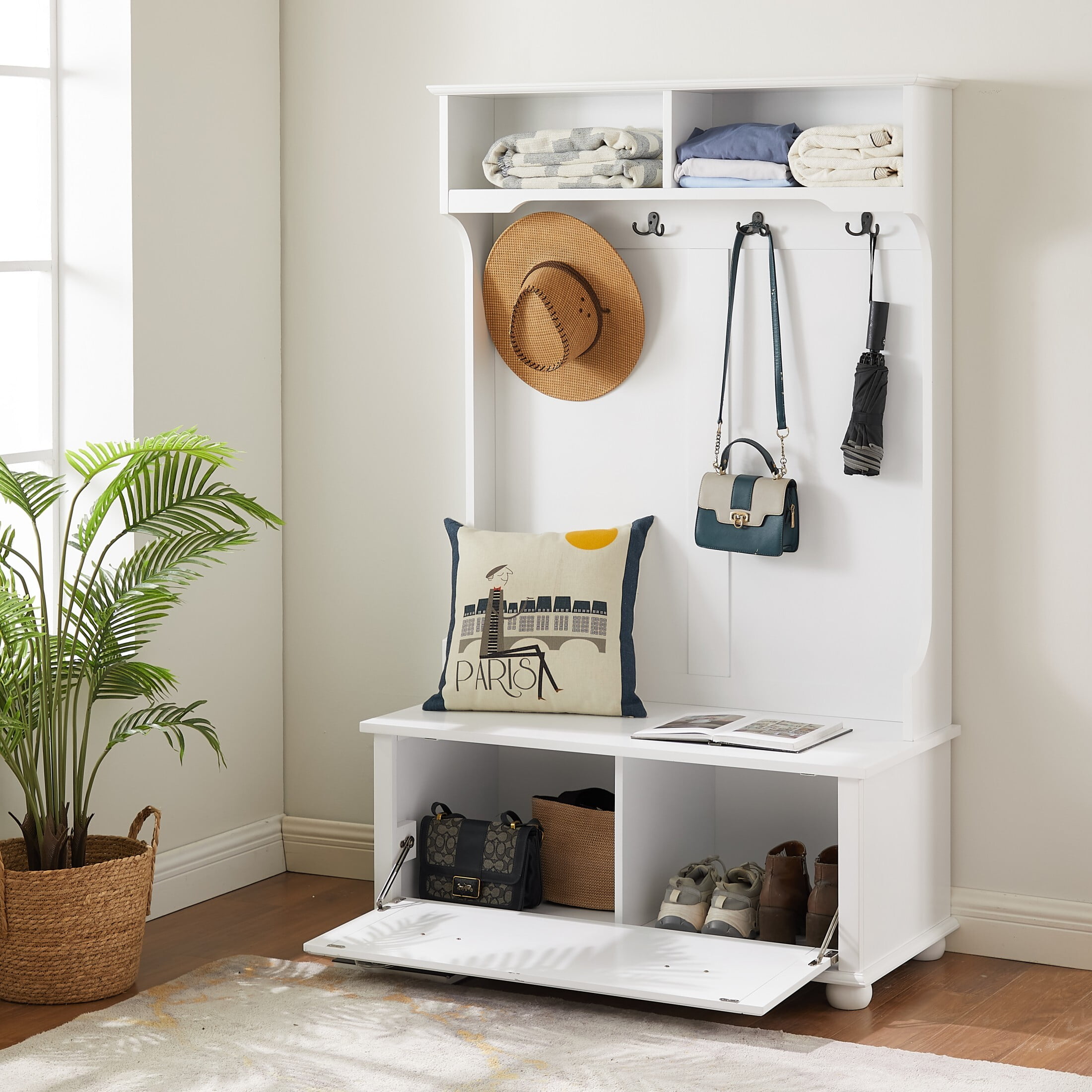 DEALTOPS Classic Hall Tree with Bench, Shelves, Coat Racks, Cabinets ...