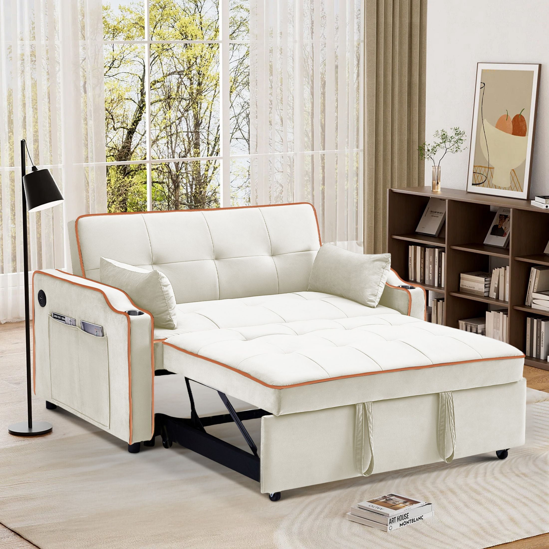 DEALTOPS Convertible Sleeper Sofa Bed with USB Ports and Cup Holders ...