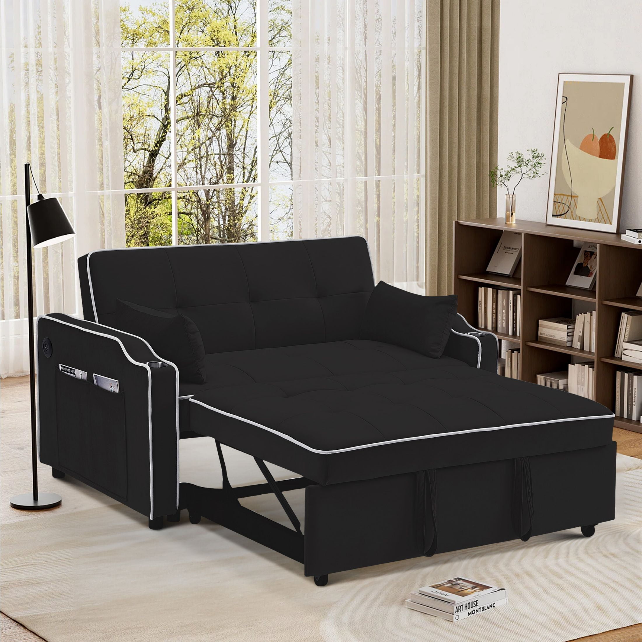 DEALTOPS Convertible Pull Out Sleeper Sofa Bed with USB Ports and Cup ...
