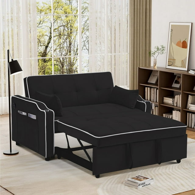 DEALTOPS Convertible Pull Out Sleeper Sofa Bed with USB Ports and Cup ...