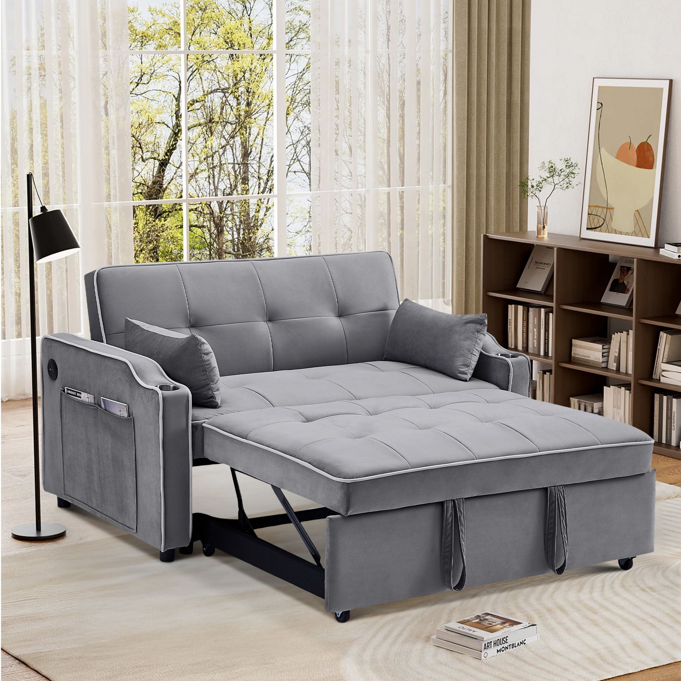 DEALTOPS Convertible Pull Out Sleeper Sofa Bed with USB Ports and Cup ...