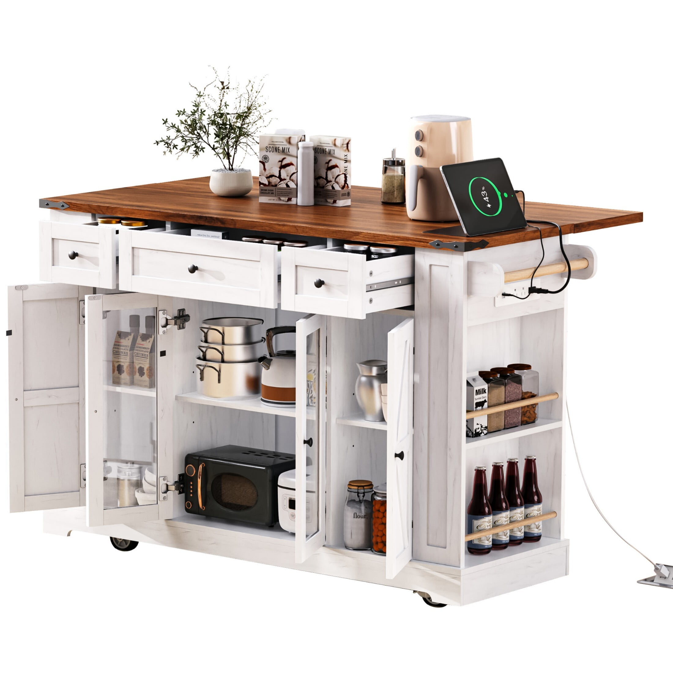 DEALTOPS Farmhouse Kitchen Island with Drop Leaf and Power Outlet ...