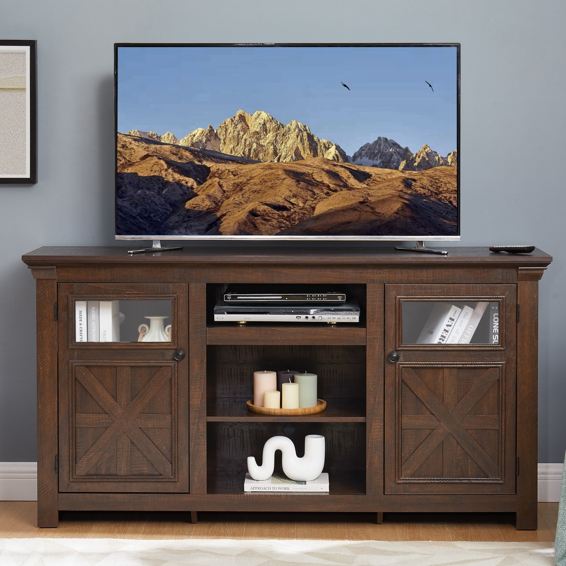 DEALTOPS Farmhouse TV Stand with Spacious Cabinets, Console Table with ...
