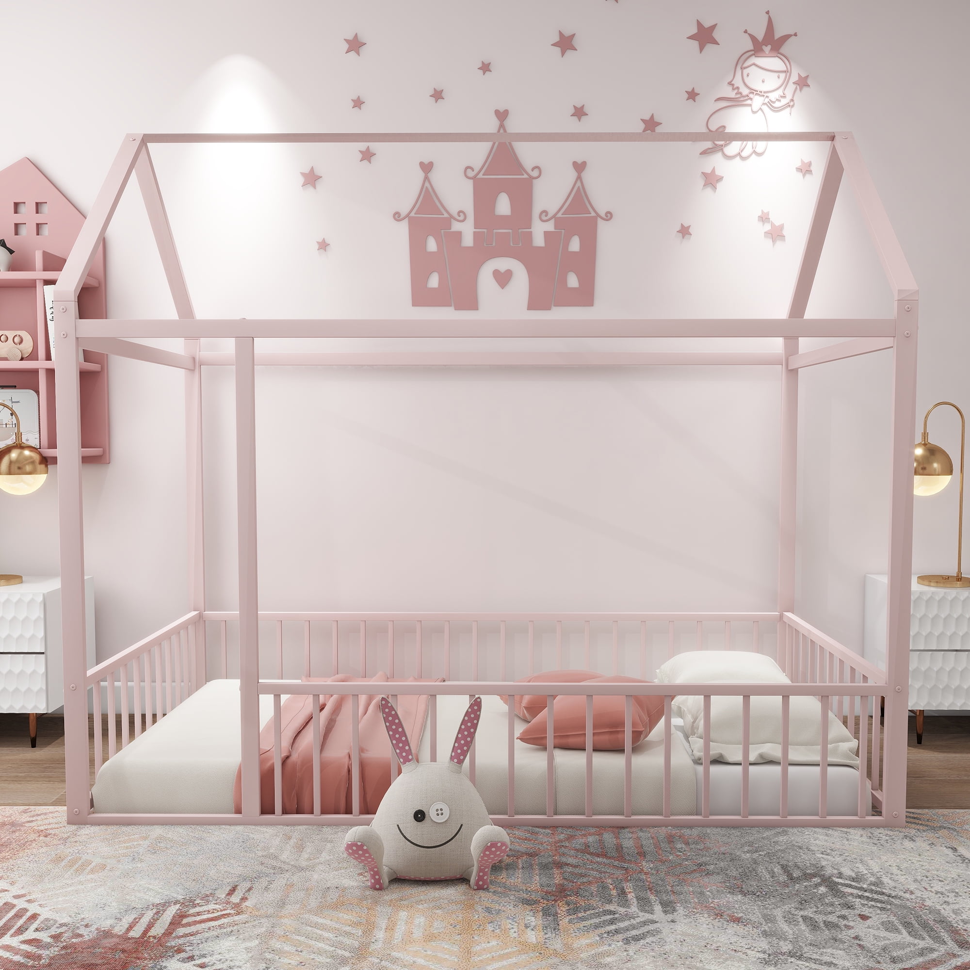 DEALTOPS Full Size Metal House Bed with Fence - Pink - Walmart.com